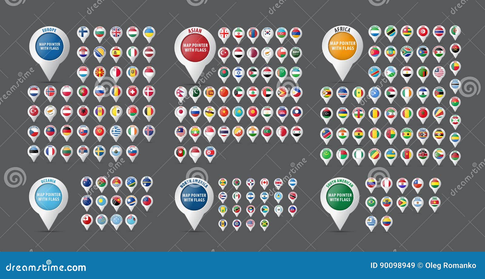 Set of Pointers for a Map with Flags of All Countries and Continents ...