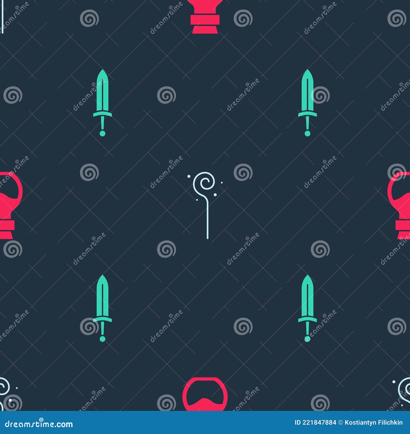 Set Poison in Bottle, Magic Staff and Medieval Sword on Seamless ...