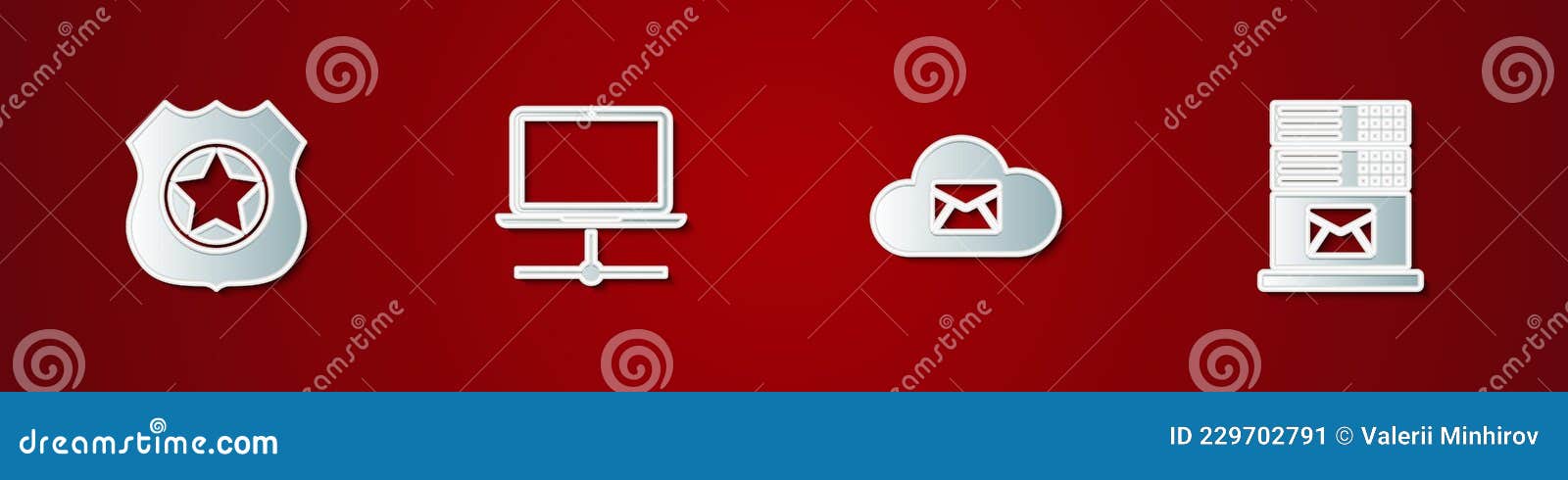 Set Police Badge, Computer Network, Cloud Mail Server and Mail Icon ...