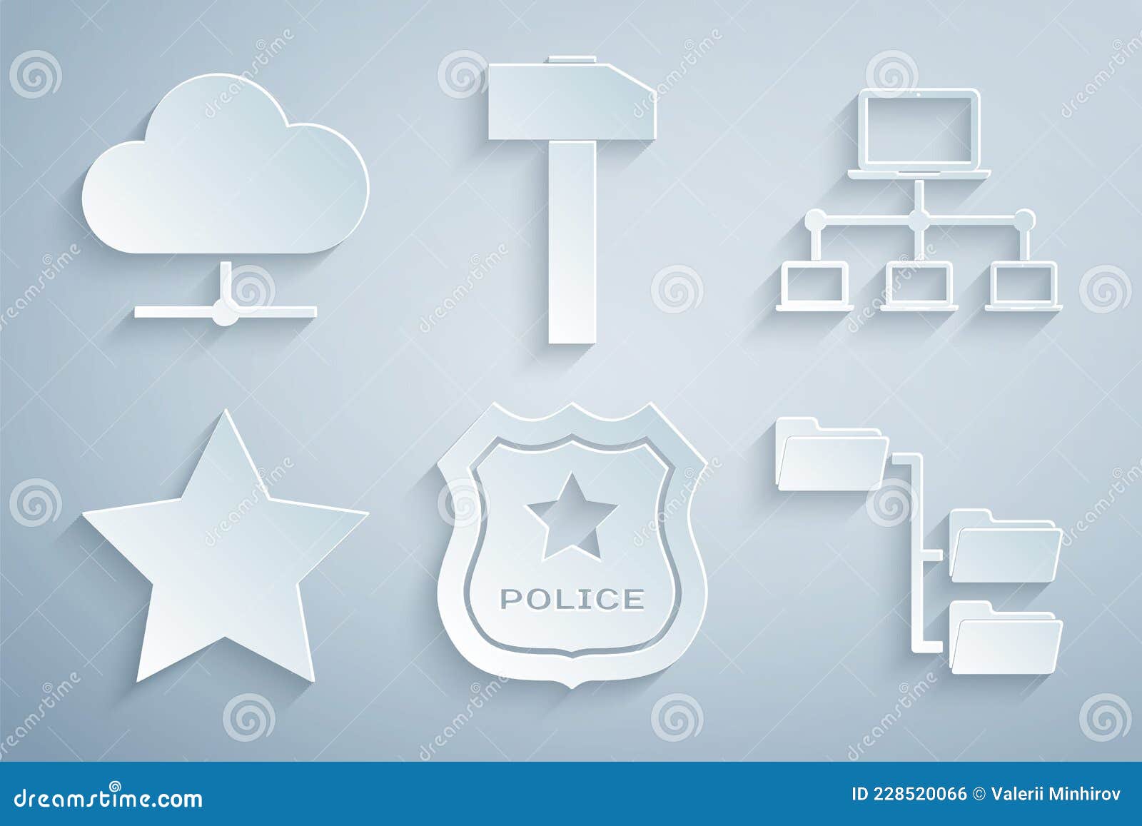 Set Police Badge, Computer Network, Star, Folder Tree, Hammer and ... Set Police Badge, Computer Network, Star, Folder Tree, Hammer and ...