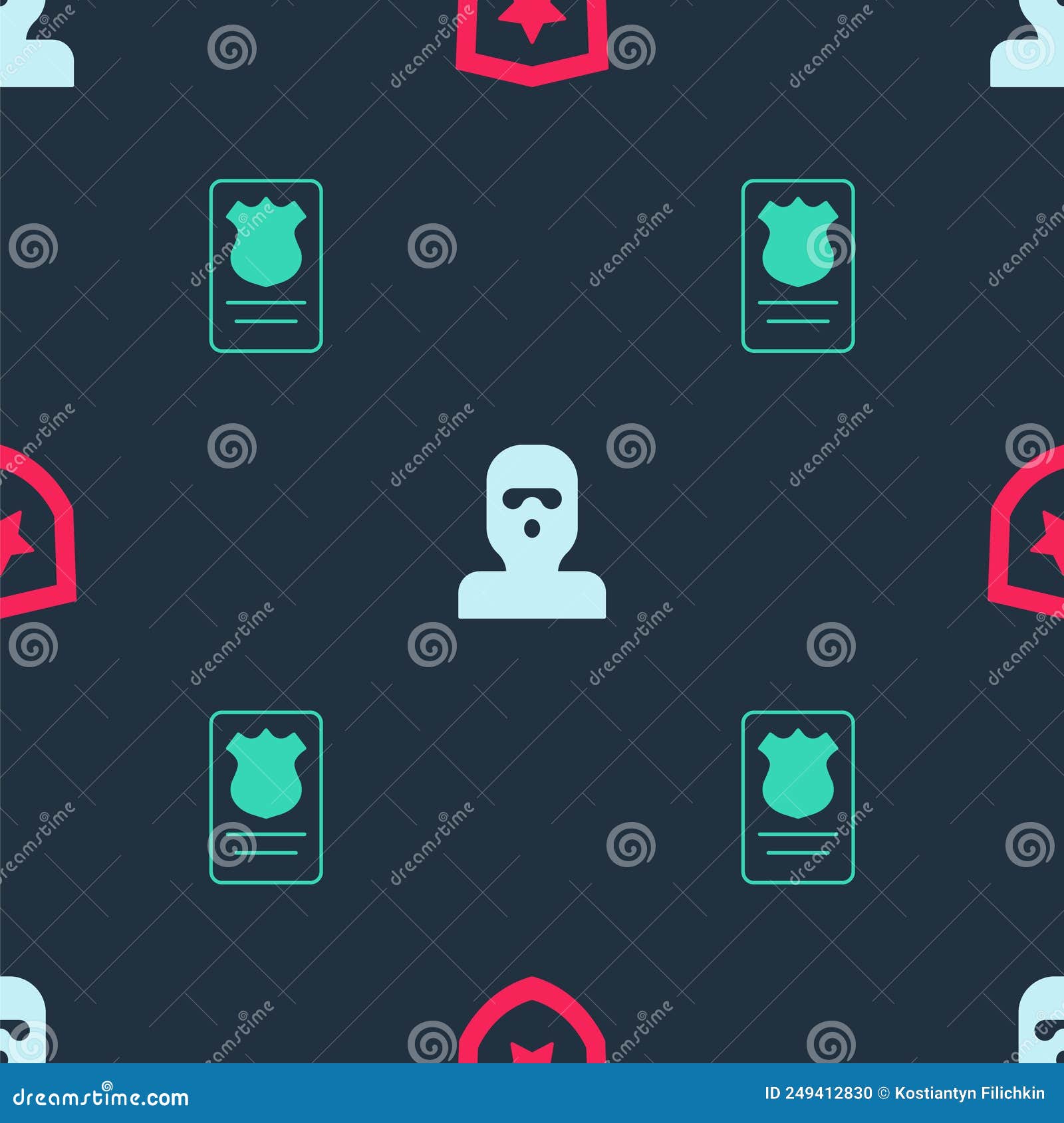 Set Police Badge, Thief Mask and with Id Case on Seamless Pattern ...