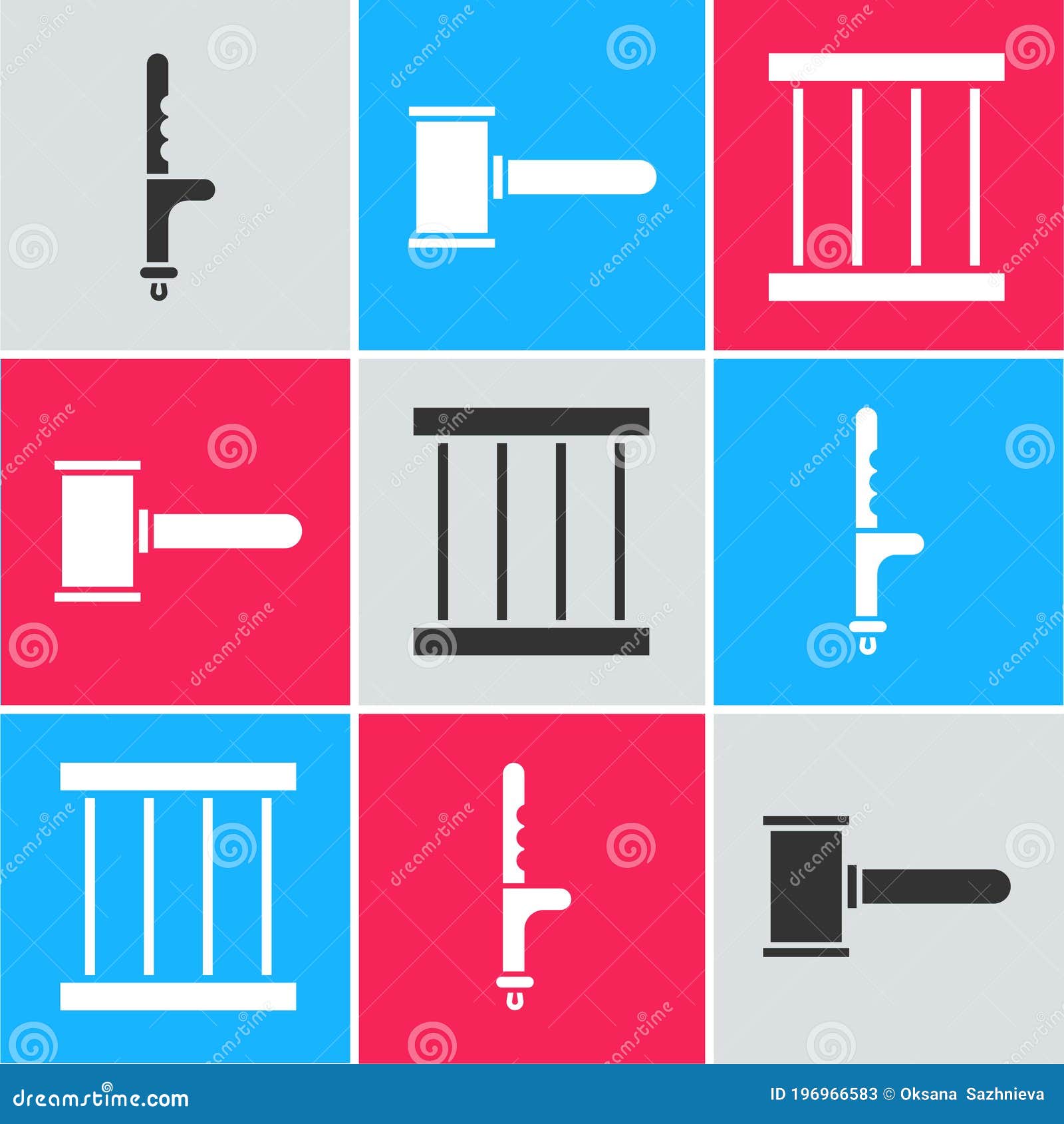 Set Police Rubber Baton, Judge Gavel and Prison Window Icon. Vector ...