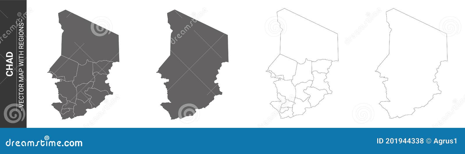 Set of 4 Political Maps of Chad with Regions Isolated on White ...