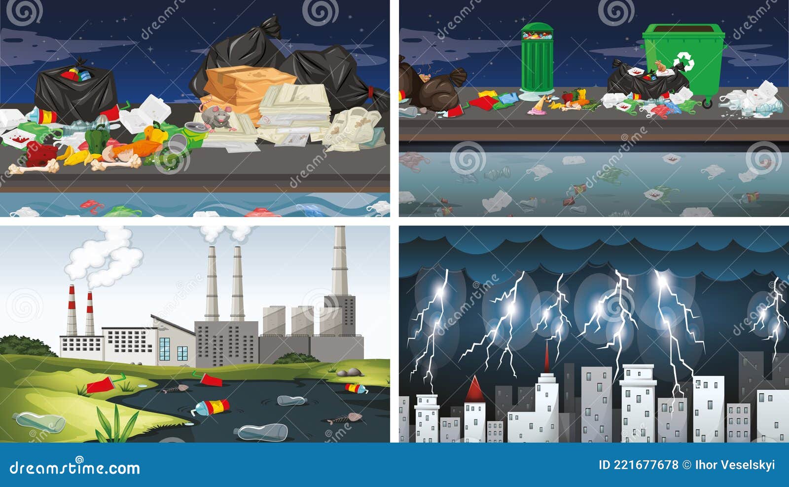 Set of polluted scenes stock illustration. Illustration of waste ...