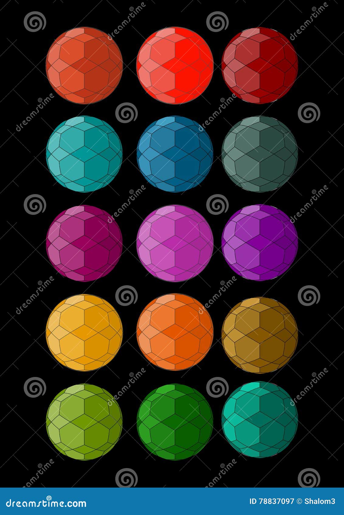Set of Polygonal Designed Spheres in Different Colors. Design Element ...