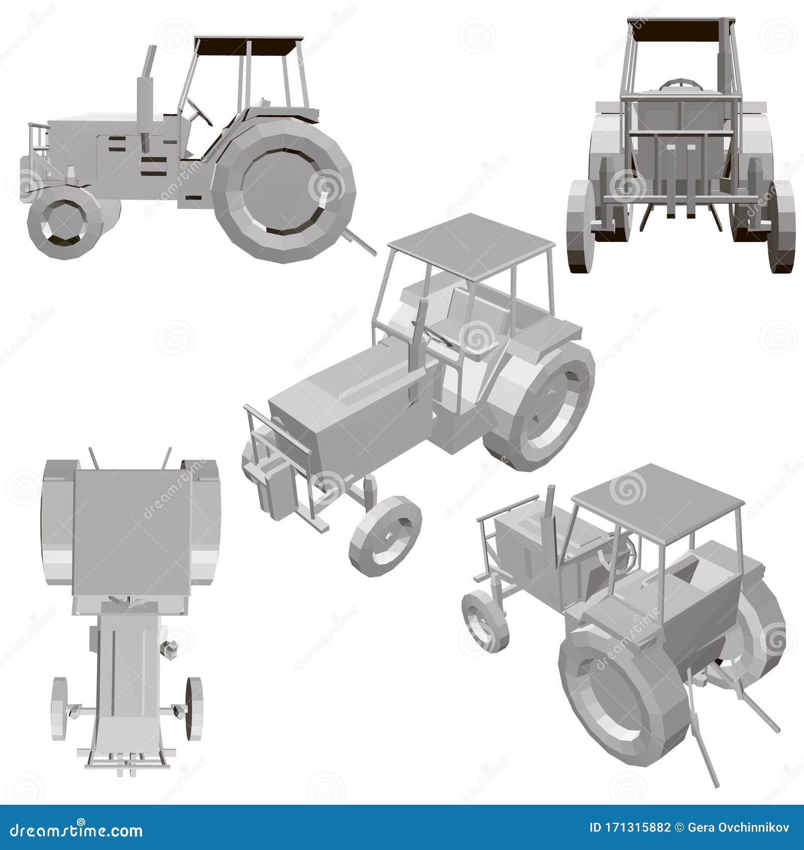 Set with a Polygonal Utility Tractor. Tractor Isolated on a White ...