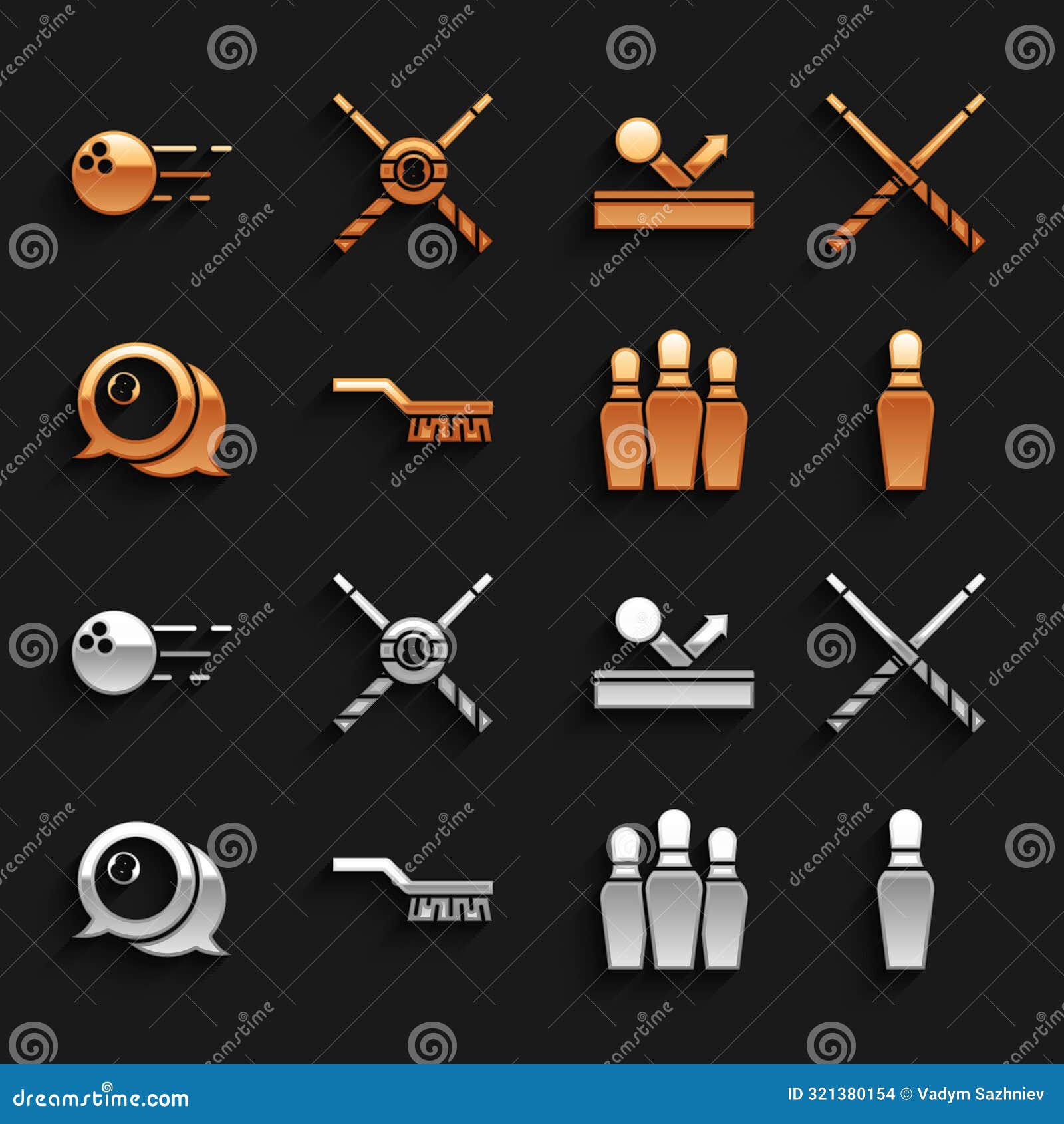 Set Pool Table Brush, Crossed Billiard Cues, Bowling Pin, Billiard Ball ...
