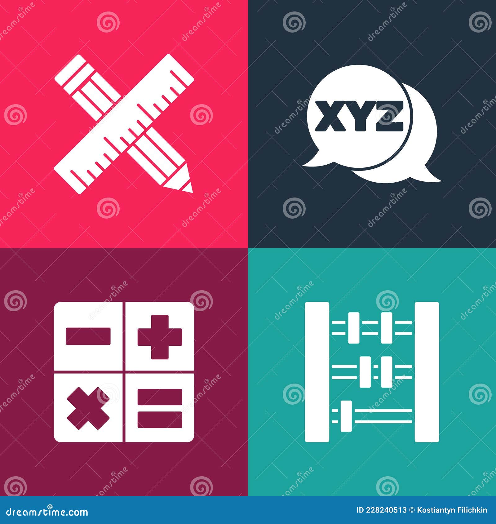 Set Pop Art Abacus, Calculator, XYZ Coordinate System and Crossed Ruler ... Set Pop Art Abacus, Calculator, XYZ Coordinate System and Crossed Ruler ...