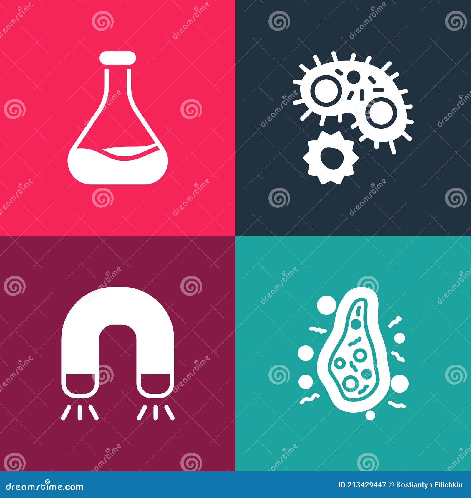 Set Pop Art Bacteria, Magnet, Virus and Test Tube and Flask Icon ...
