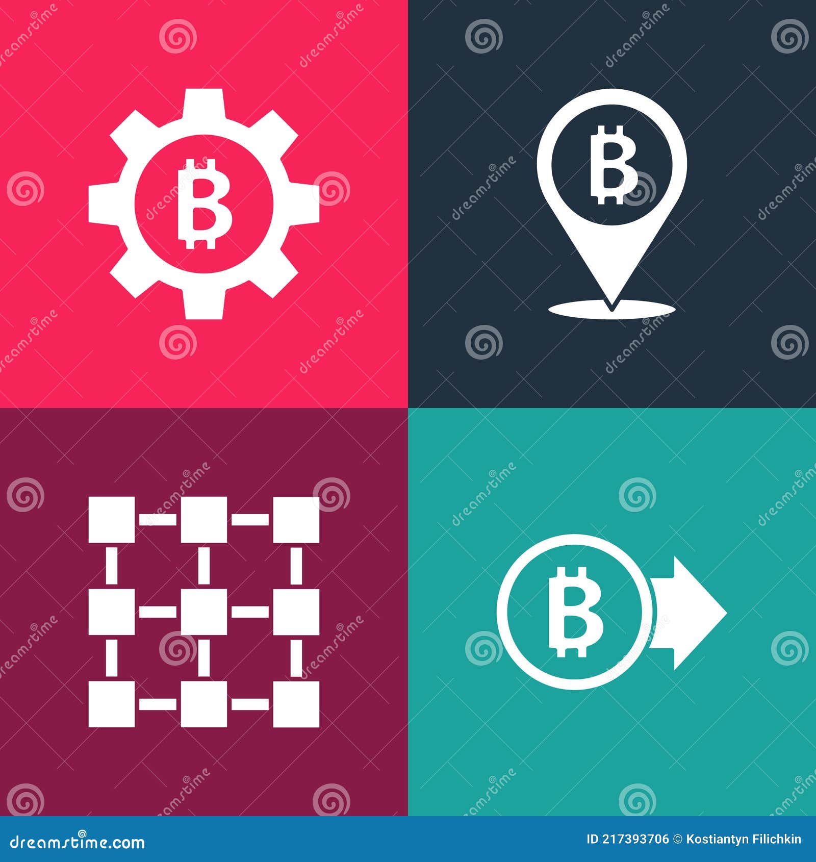 Set Pop Art Bitcoin, Blockchain Technology, and Cryptocurrency Icon ...