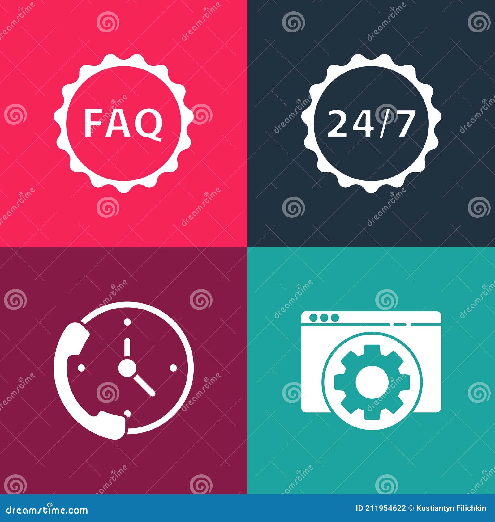 Set Pop Art Browser Setting, Telephone 24 Hours Support, Clock and Label with Text FAQ Icon ...