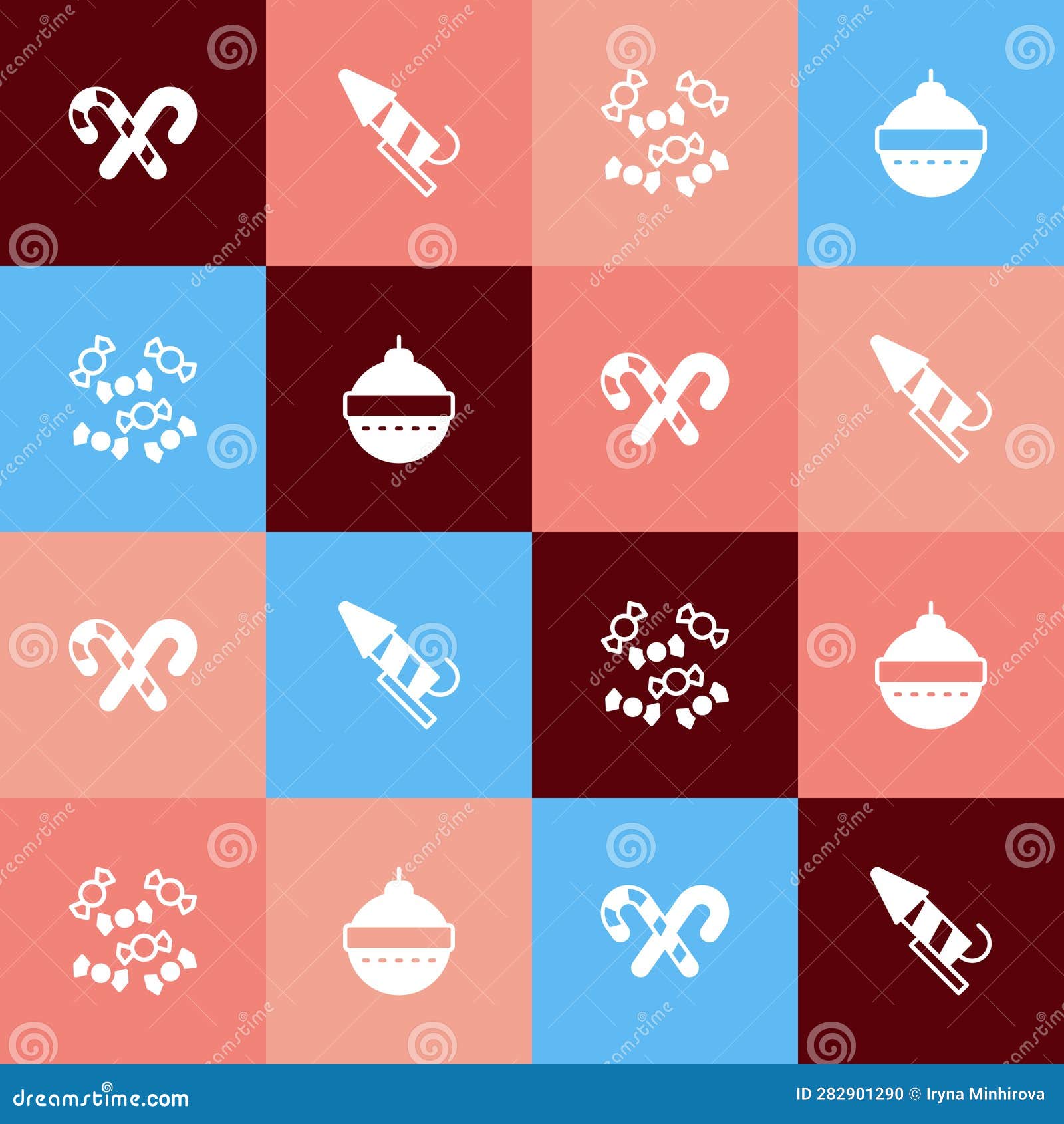 Set Pop Art Candy Cane with Stripes, Firework Rocket, and Christmas ...