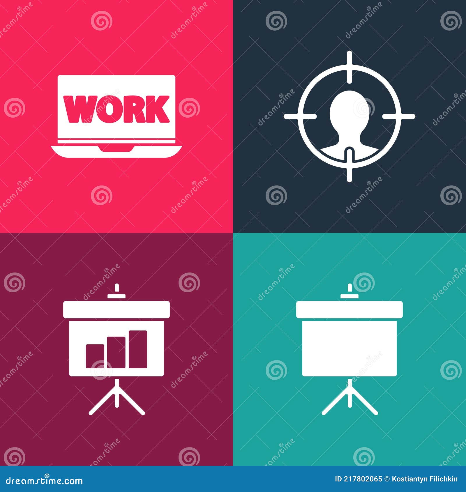 Set Pop Art Chalkboard with Diagram, , Head Hunting Concept and Laptop Text Work Icon. Vector ...