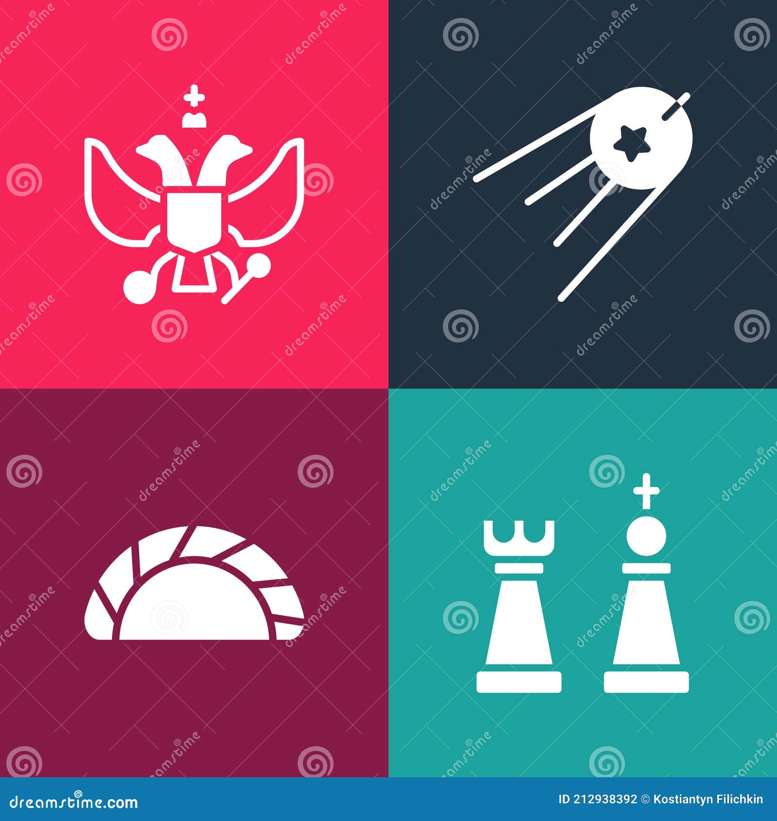 Set Pop Art Chess, Dumpling, Satellite and National Emblem of Russia ...