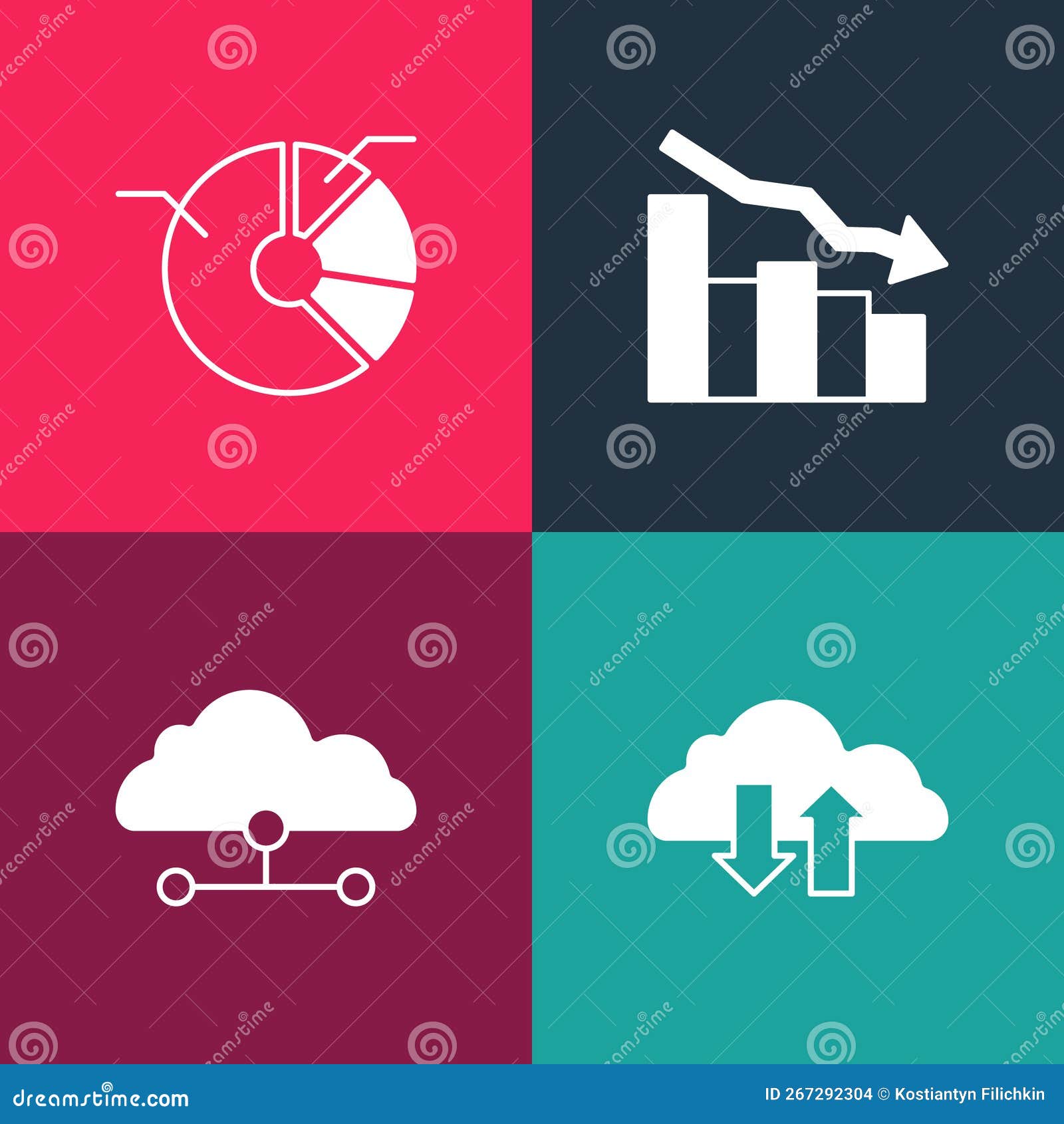 Set Pop Art Cloud Download and Upload, Network Cloud Connection, Financial Growth Decrease and ...