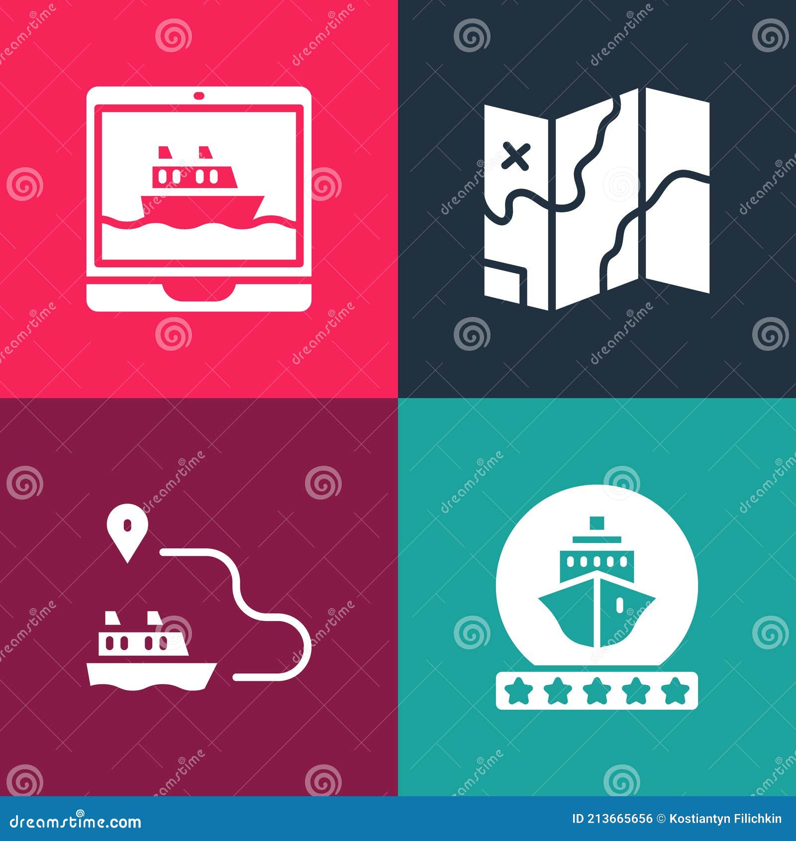 Set Pop Art Cruise Ship, Ship Line Path, Folded Map and Icon. Vector ...