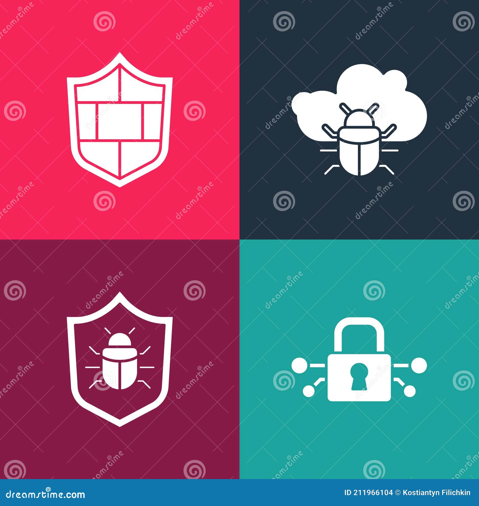 Set Pop Art Cyber Security, System Bug, on a Cloud and Shield with ... Set Pop Art Cyber Security, System Bug, on a Cloud and Shield with ...