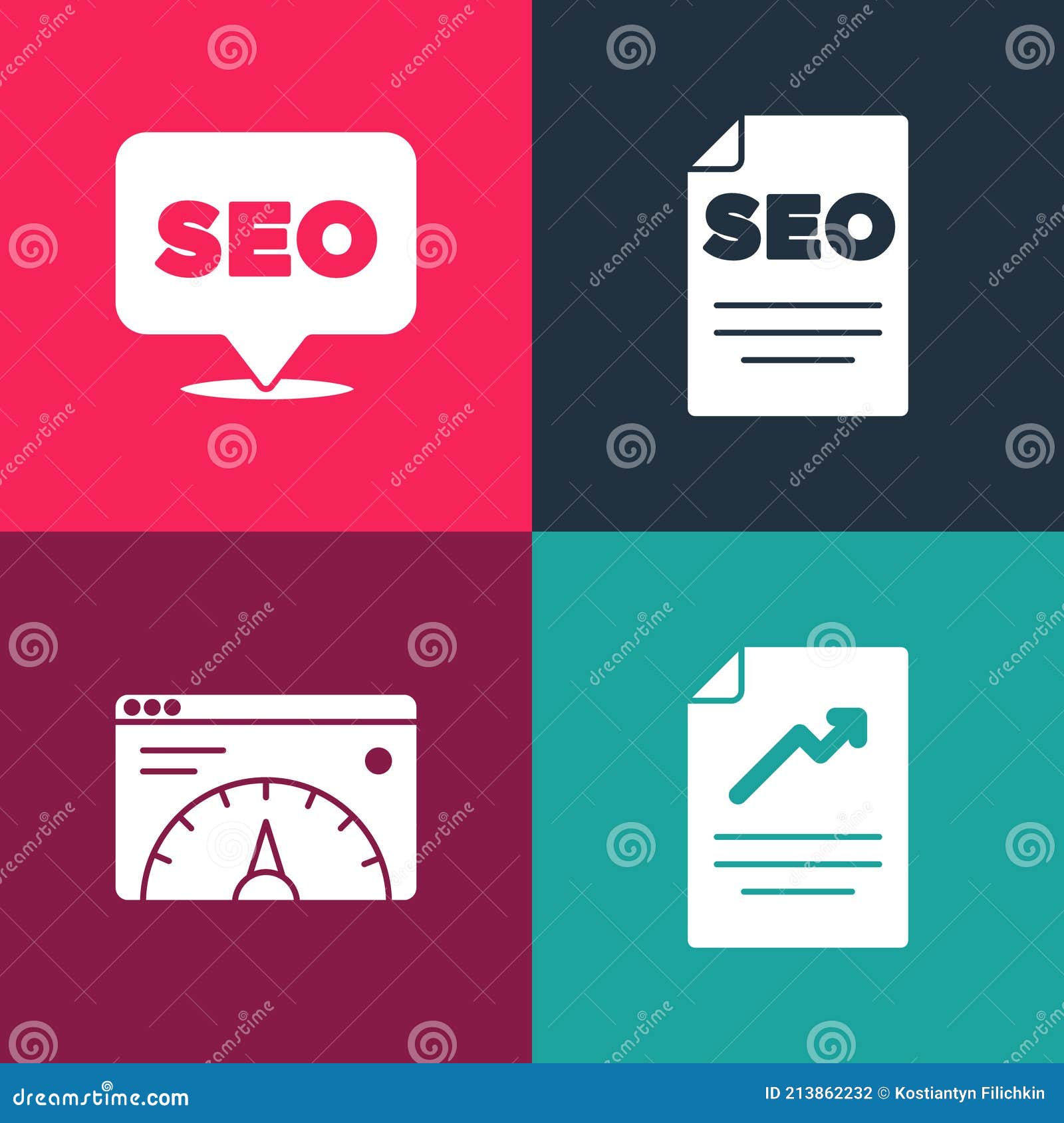 Set Pop Art Document with Graph Chart, Website Statistic, SEO Optimization and Icon. Vector ...