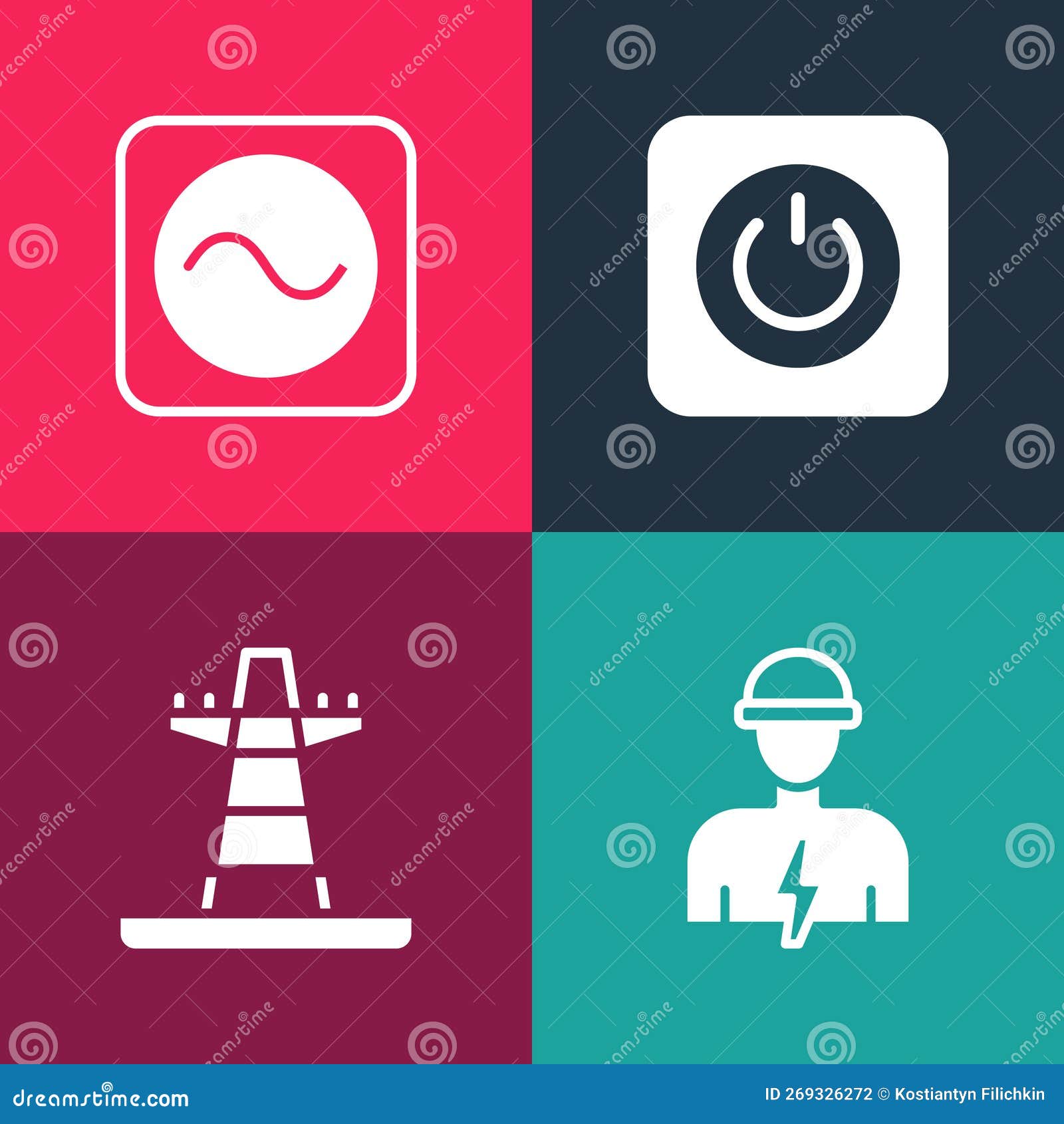 Set Pop Art Electrician, Tower Line, Power Button and AC Voltage Source ...