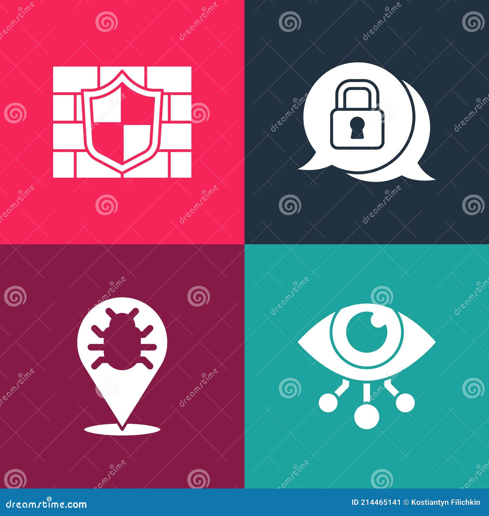 Set Pop Art Eye Scan System Bug Cyber Security And Shield With Brick