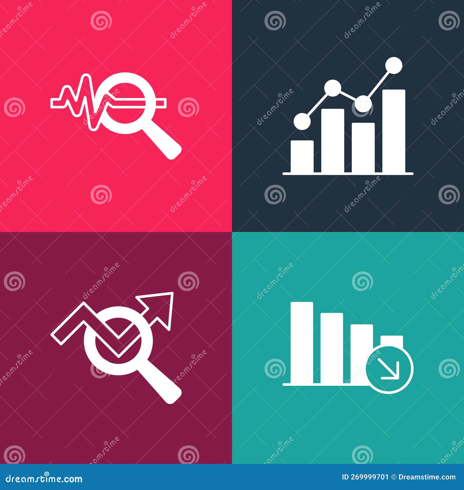 Set Pop Art Financial Growth Decrease, Search Data Analysis, Pie Chart Infographic and Icon ...