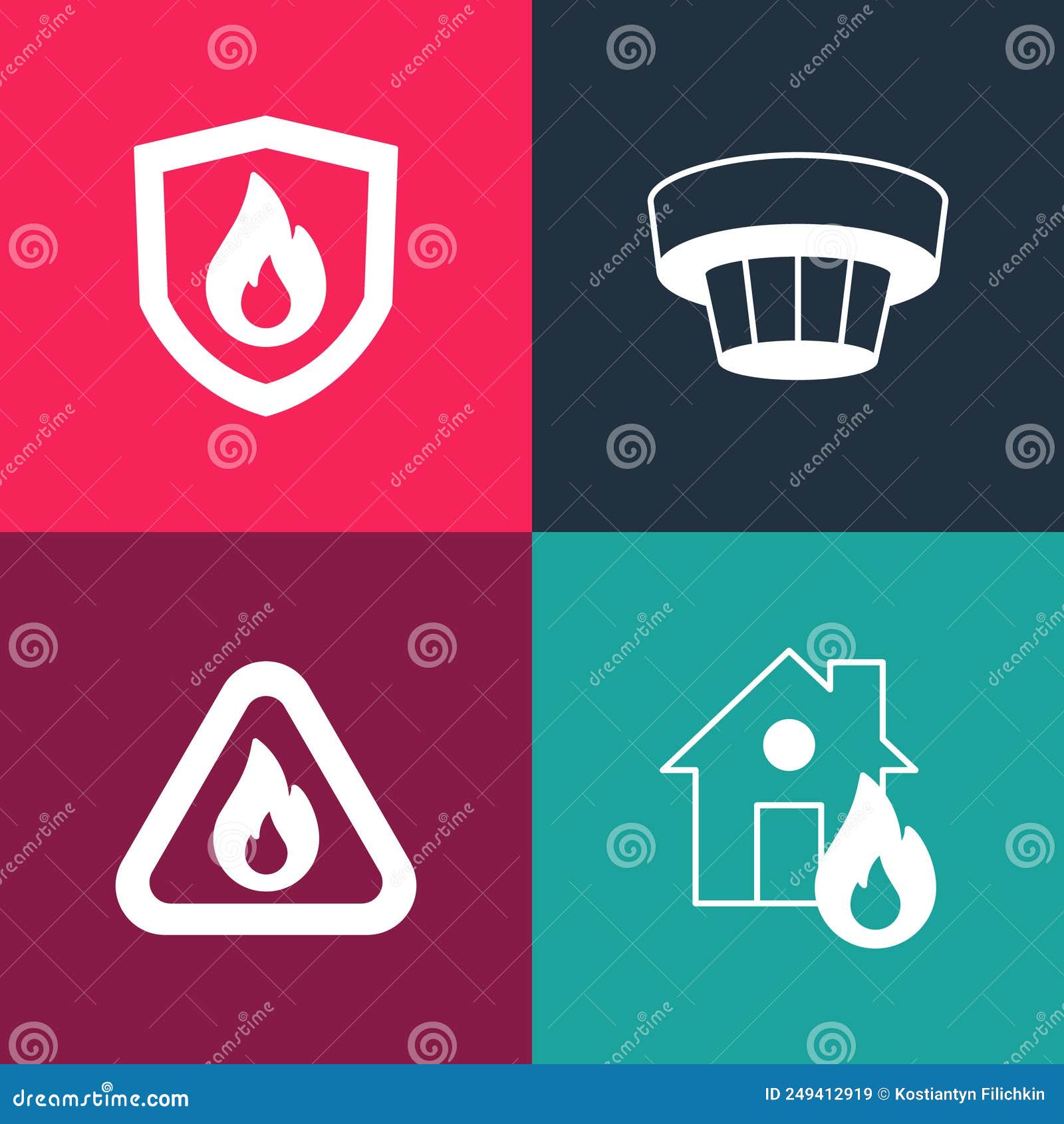 Set Pop Art Fire in Burning House, Flame Triangle, Smoke Alarm System ...
