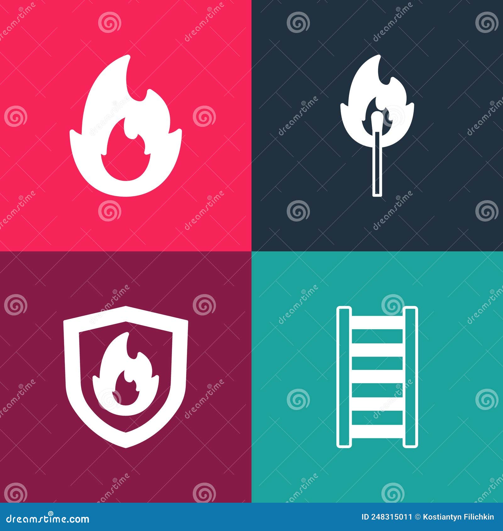 Set Pop Art Fire Escape, Protection Shield, Burning Match with Fire and ...
