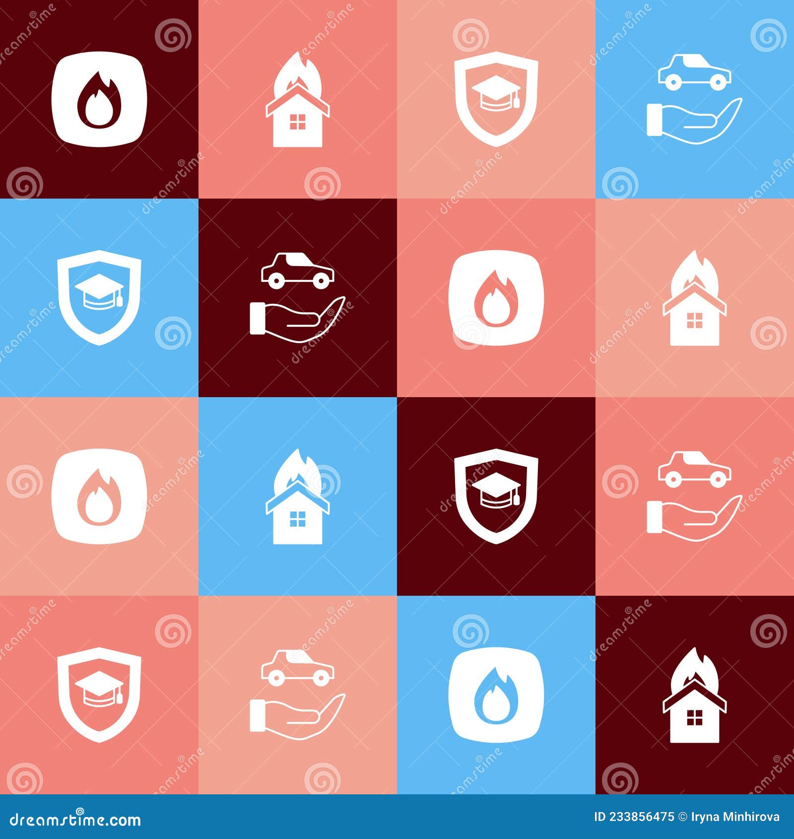 Set Pop Art Fire Flame, in Burning House, Graduation Cap with Shield ...