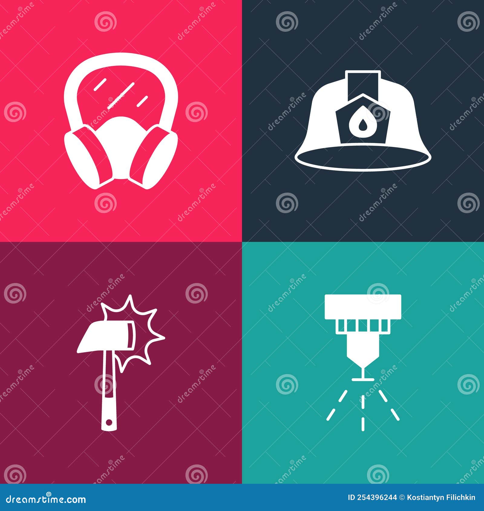 Set Pop Art Fire Sprinkler System, Firefighter Axe, Helmet and Gas Mask ...