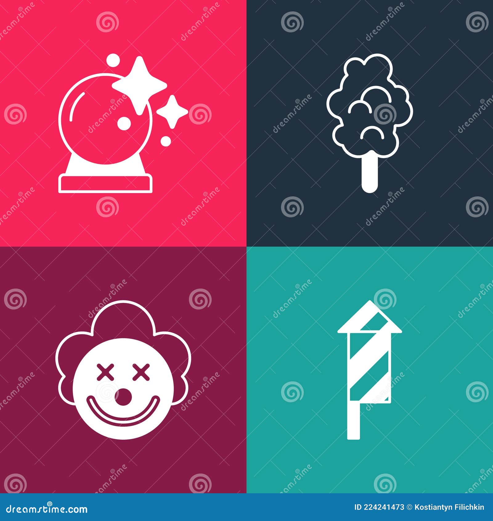Set Pop Art Firework Rocket, Clown Head, Cotton Candy and Magic Ball ...