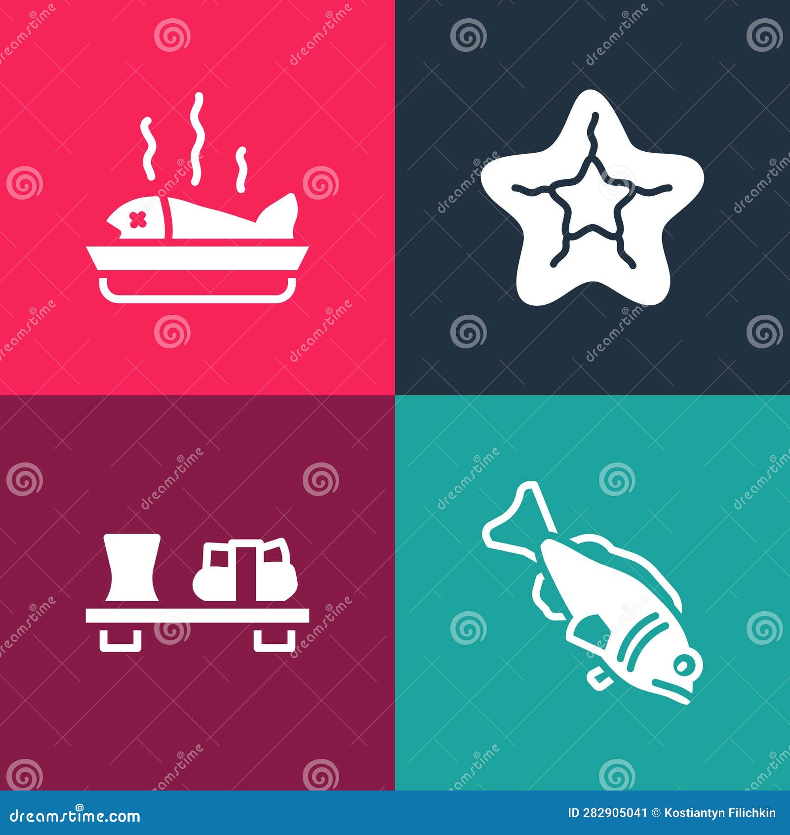 Set Pop Art Fish, Sushi on Cutting Board, Starfish and Served Plate ...