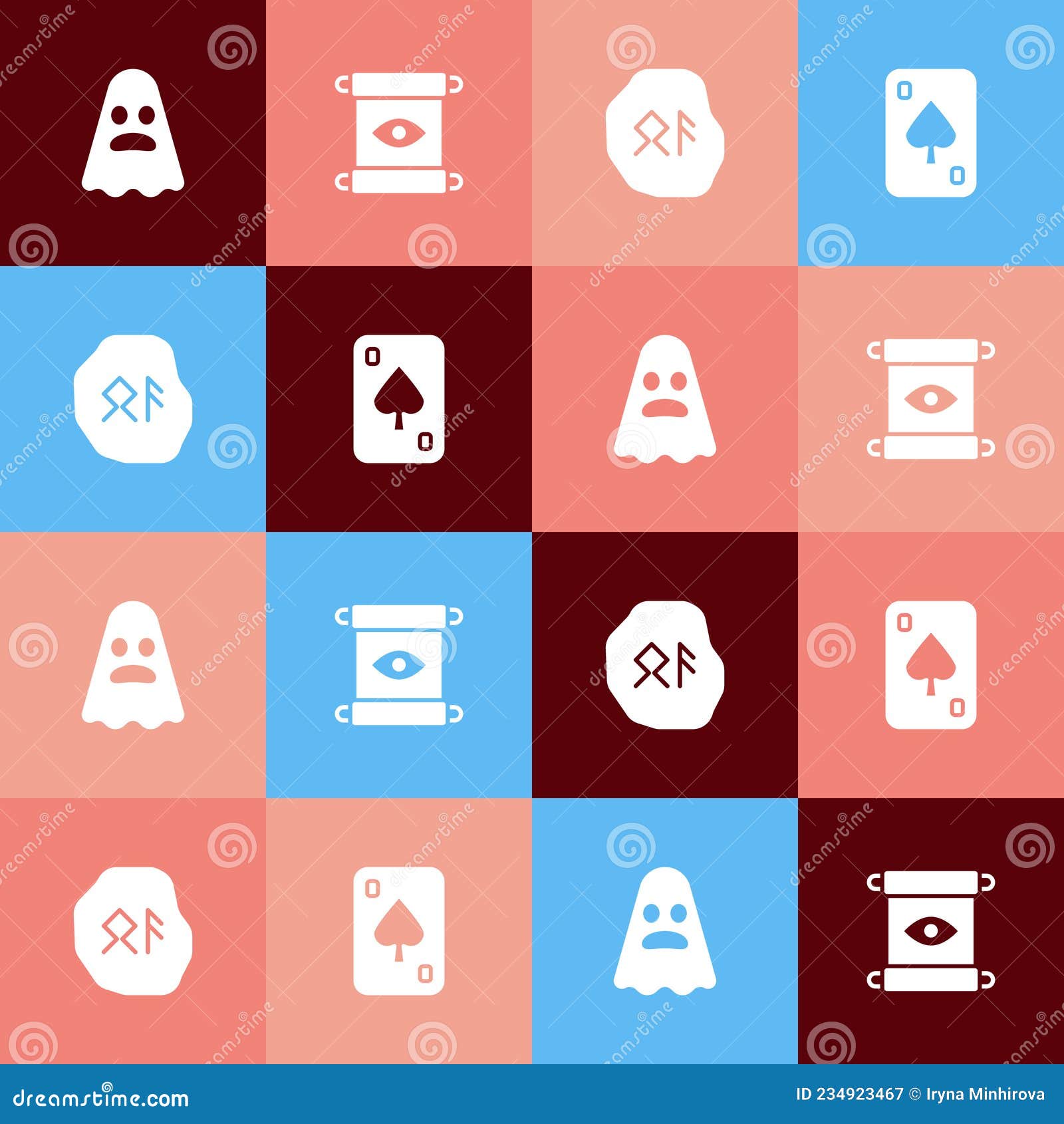Set Pop Art Ghost, Magic Scroll, Runes and Playing Cards Icon. Vector ...