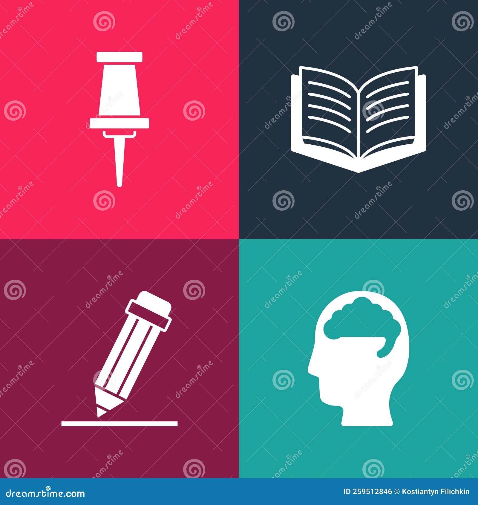 Set Pop Art Human Brain, Pencil with Eraser, Open Book and Push Pin ...