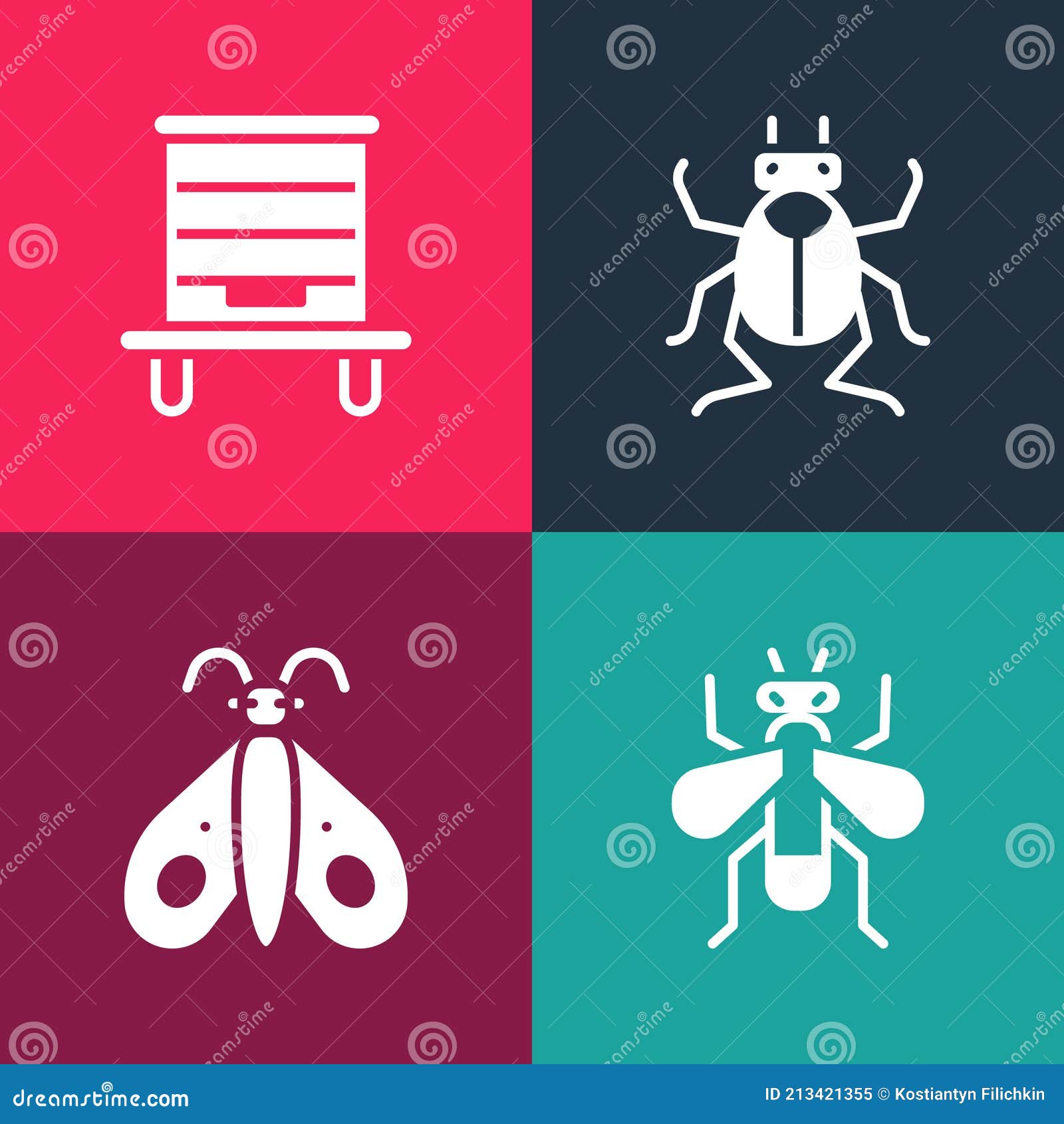 Set Pop Art Insect Fly, Butterfly, Beetle Bug and Hive for Bees Icon ...
