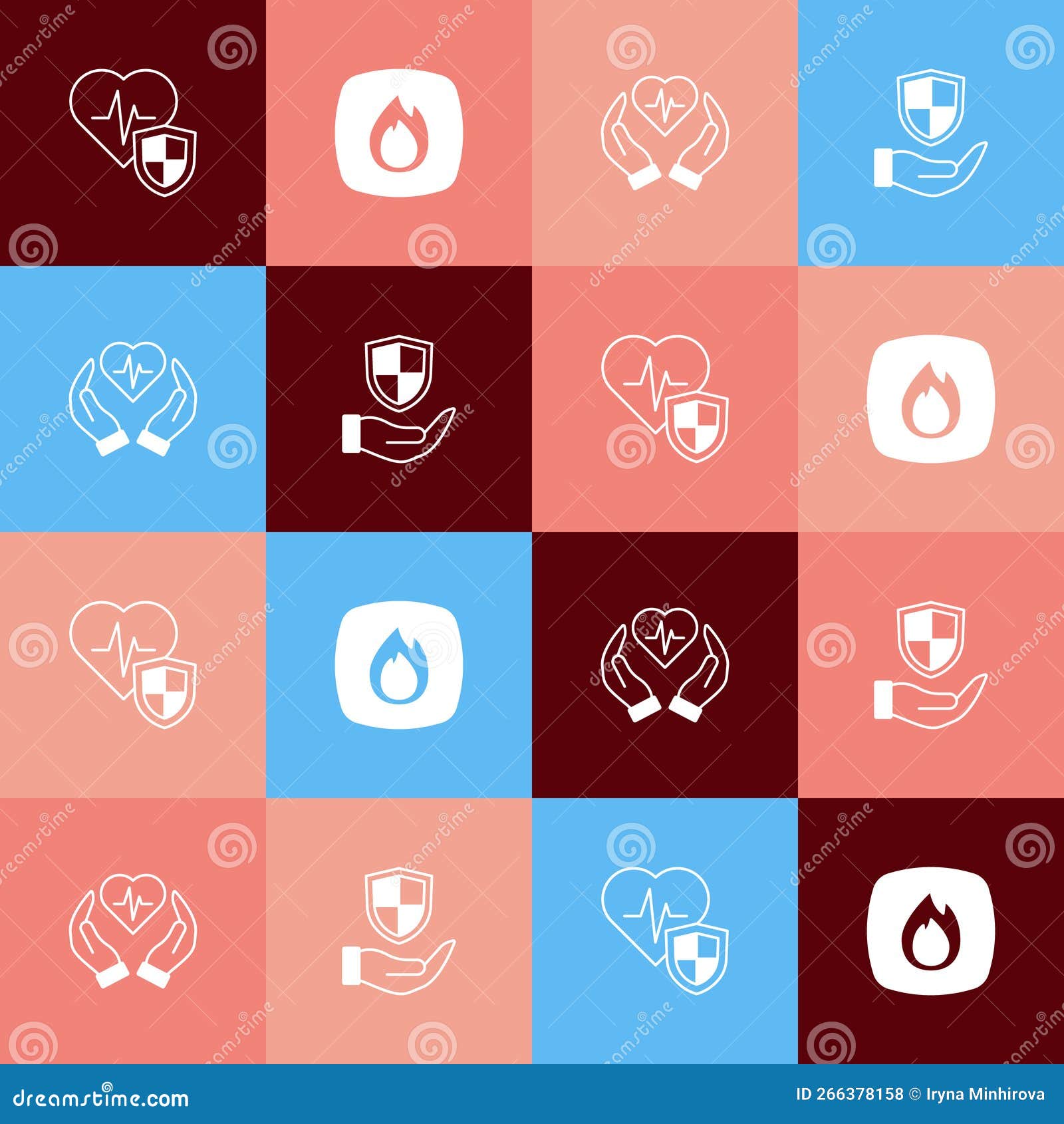 Set Pop Art Life Insurance with Shield, Fire Flame, and Shield Hand ...