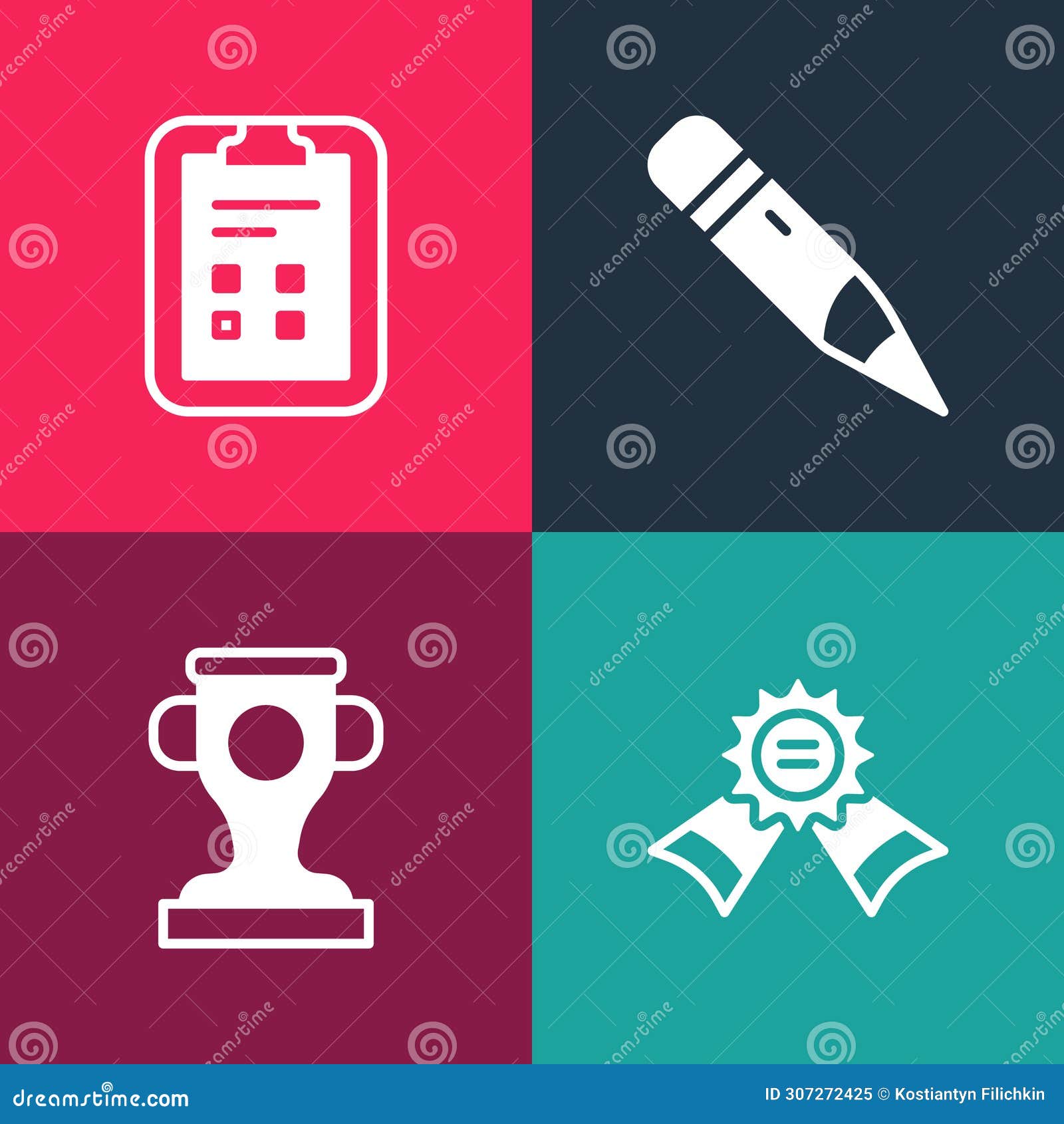 Set Pop Art Medal, Award Cup, Pencil with Eraser and Exam Sheet Check ...