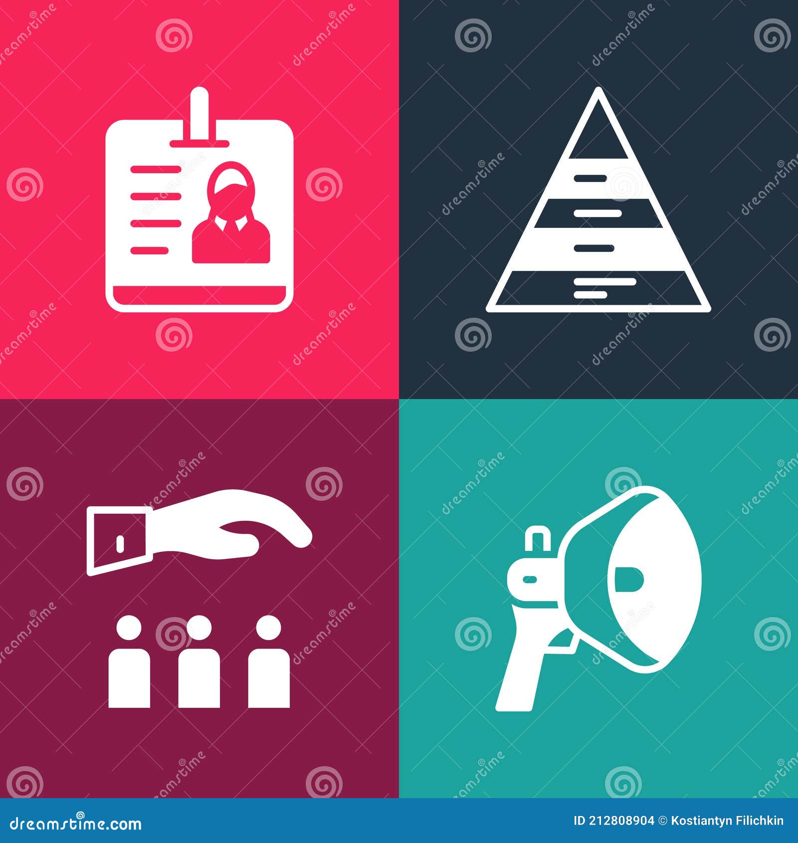 Set Pop Art Megaphone, Boss with Employee, Pyramid Chart Infographics ...