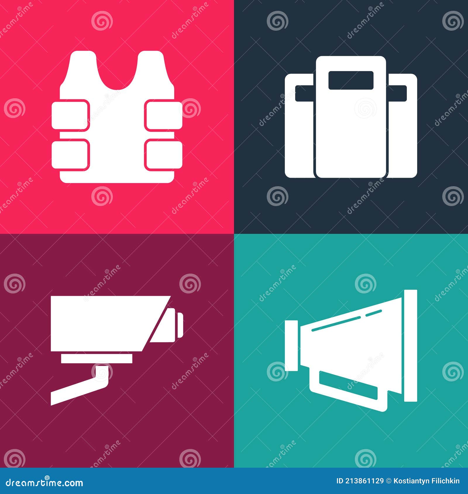 Set Pop Art Megaphone, Security Camera, Police Assault Shield and ...