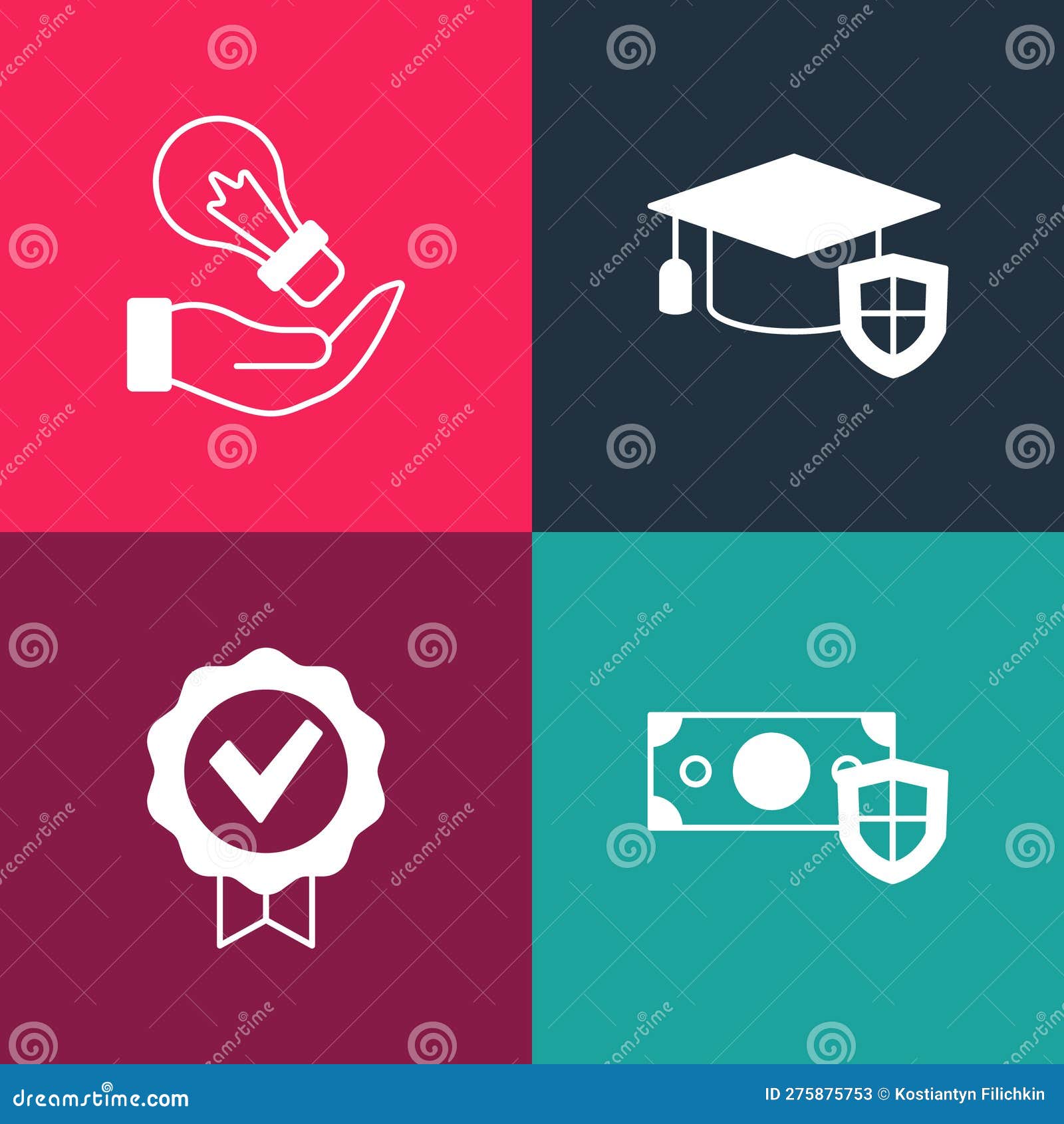 Set Pop Art Money with Shield, Approved and Check Mark, Graduation Cap ...