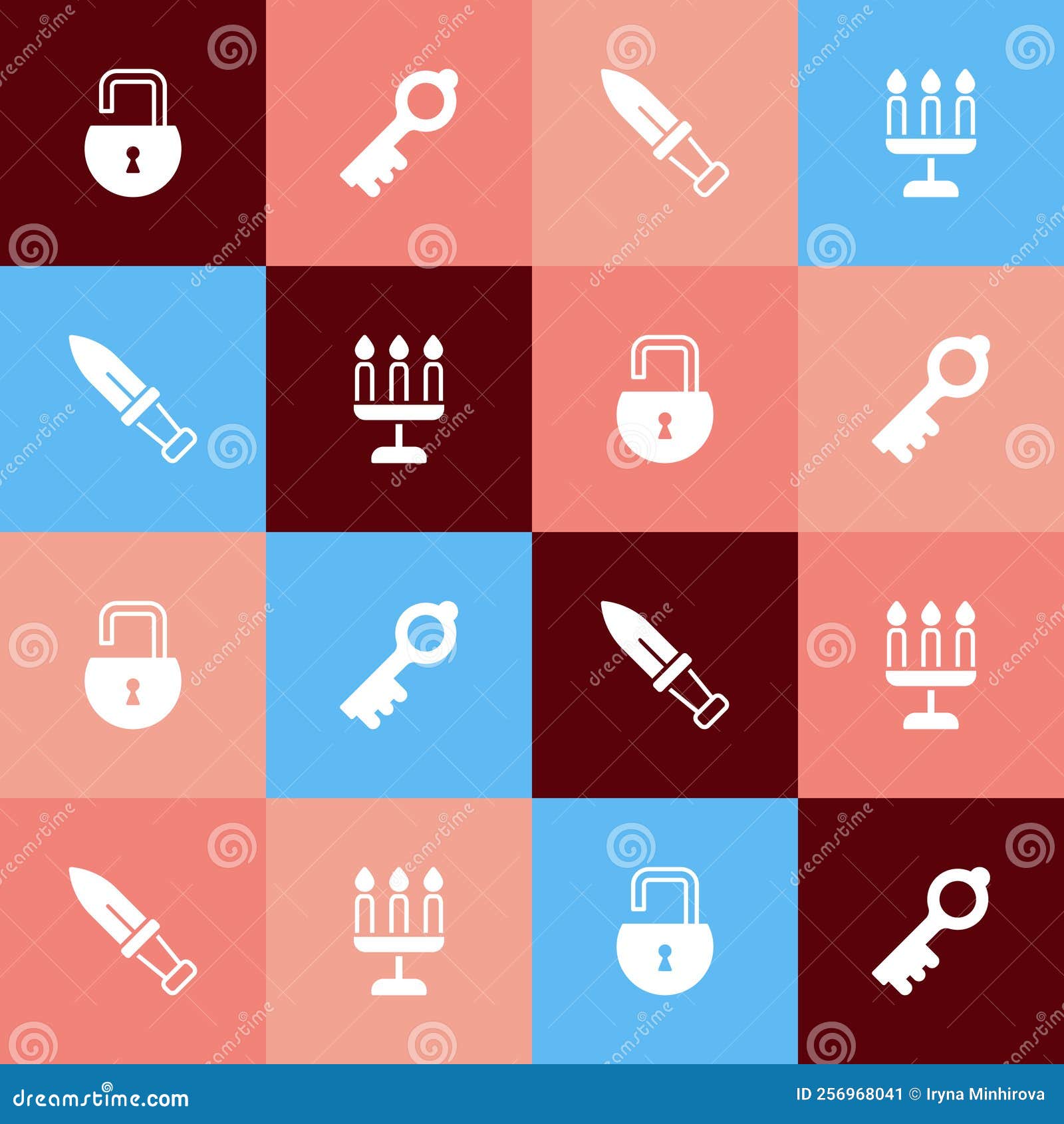 Set Pop Art Open Padlock, Old Magic Key, Dagger and Candlestick Icon ...