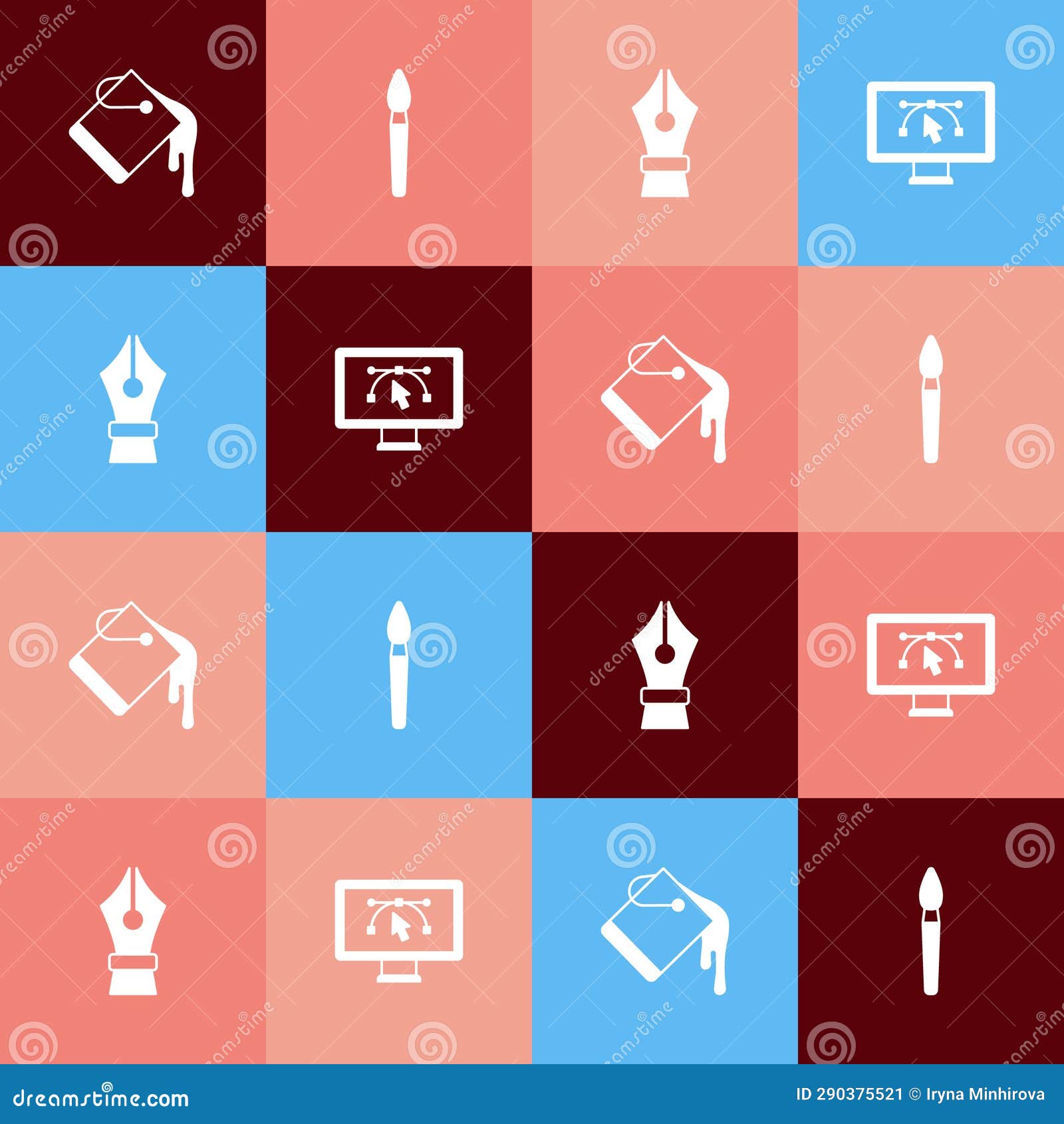 Set Pop Art Paint Bucket, Brush, Fountain Pen Nib and Computer with ...