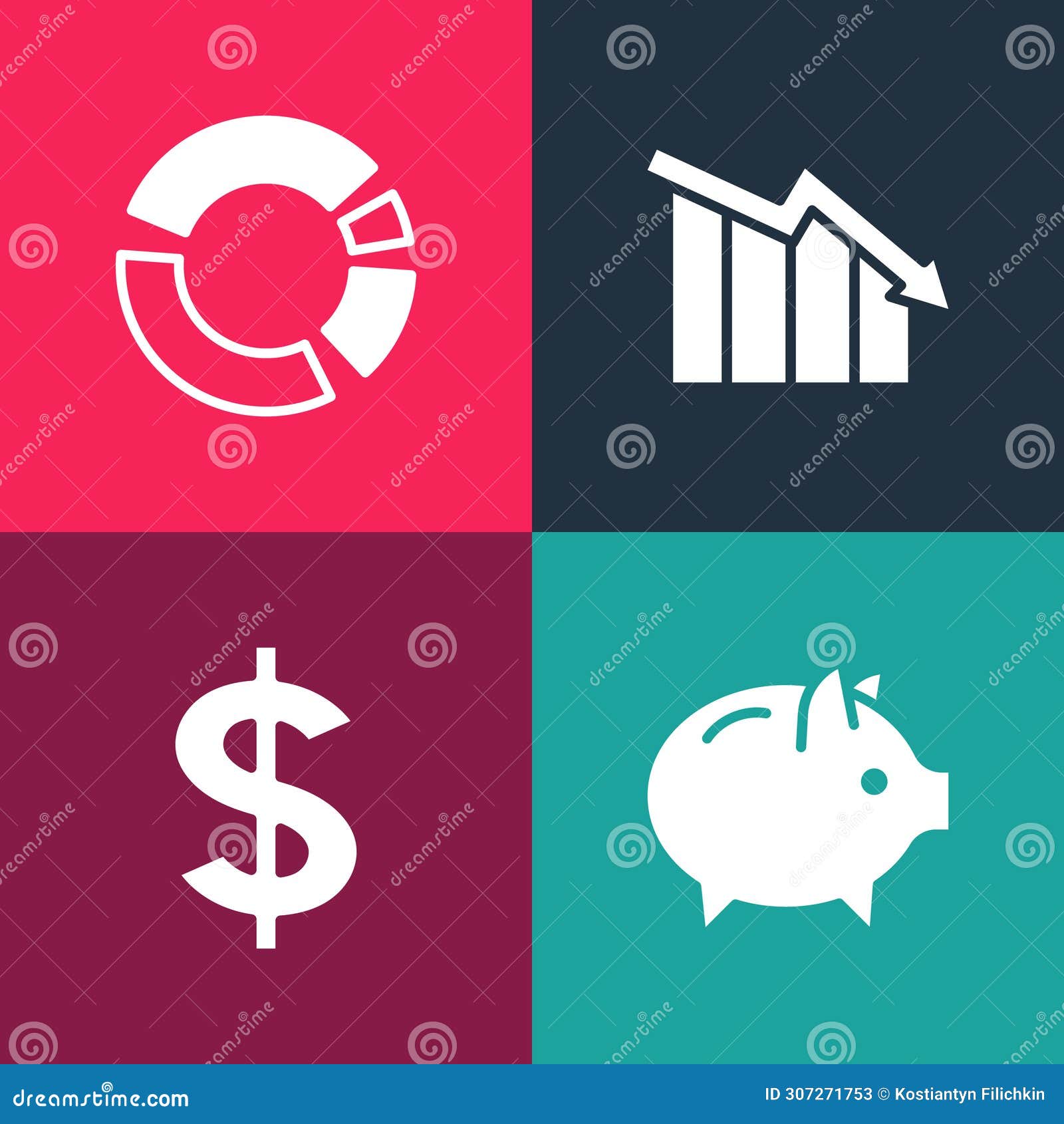 Set Pop Art Piggy Bank, Dollar Symbol, Financial Growth Decrease and Pie Chart Infographic Icon ...