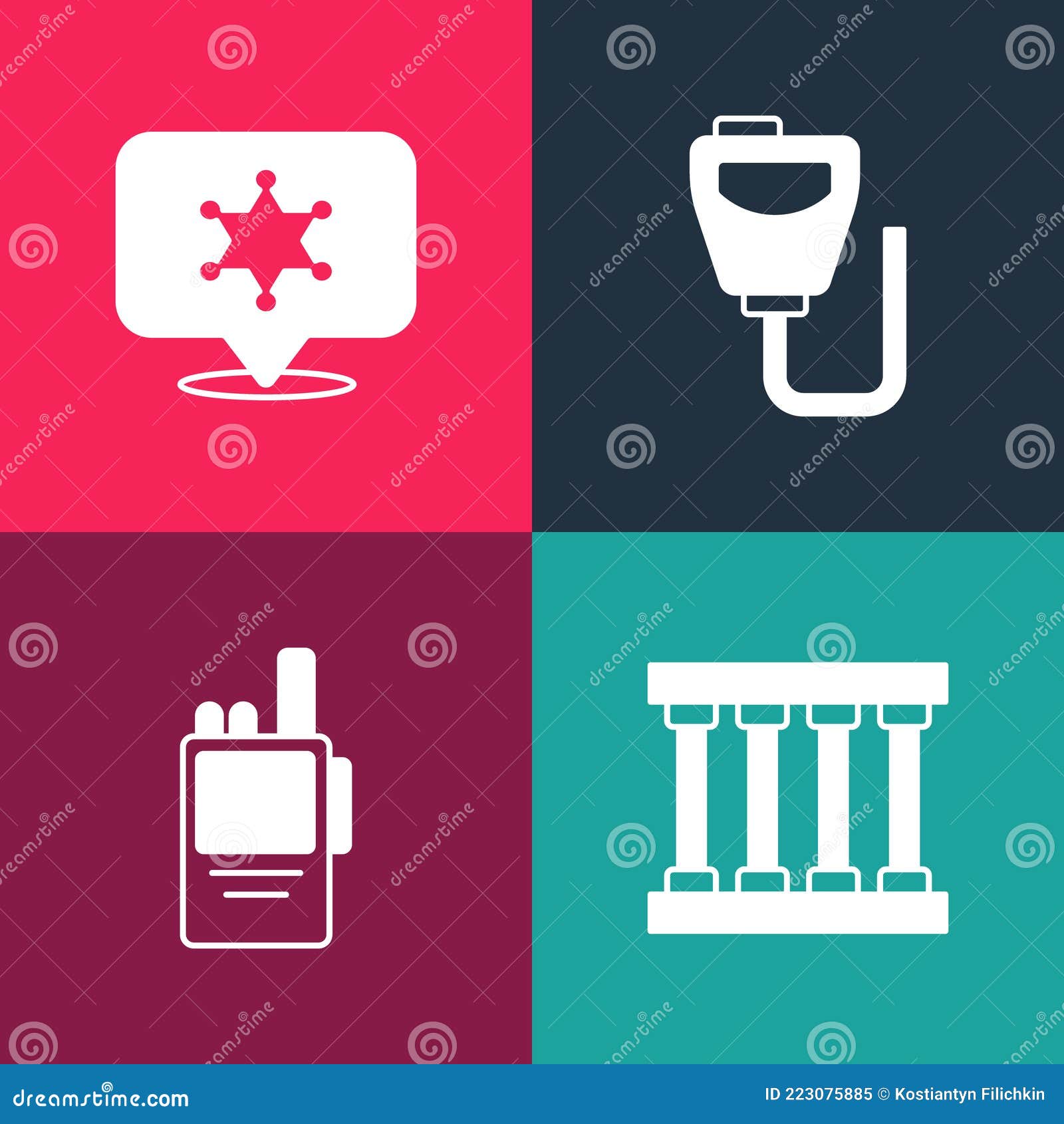 Set Pop Art Prison Window, Walkie Talkie, and Hexagram Sheriff Icon ...