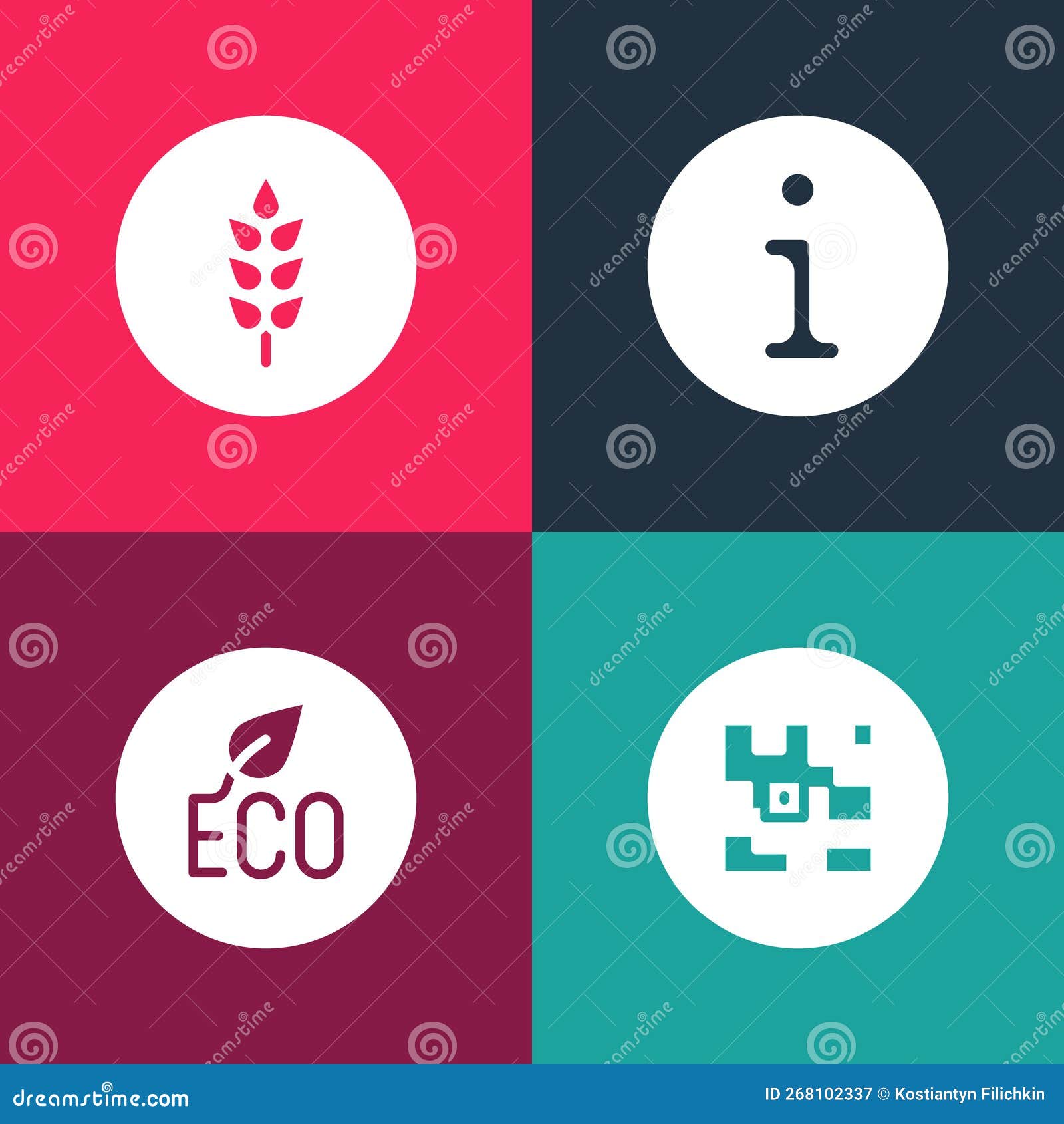 Set Pop Art QR Code, Leaf Eco Symbol, Information and Wheat Icon ...