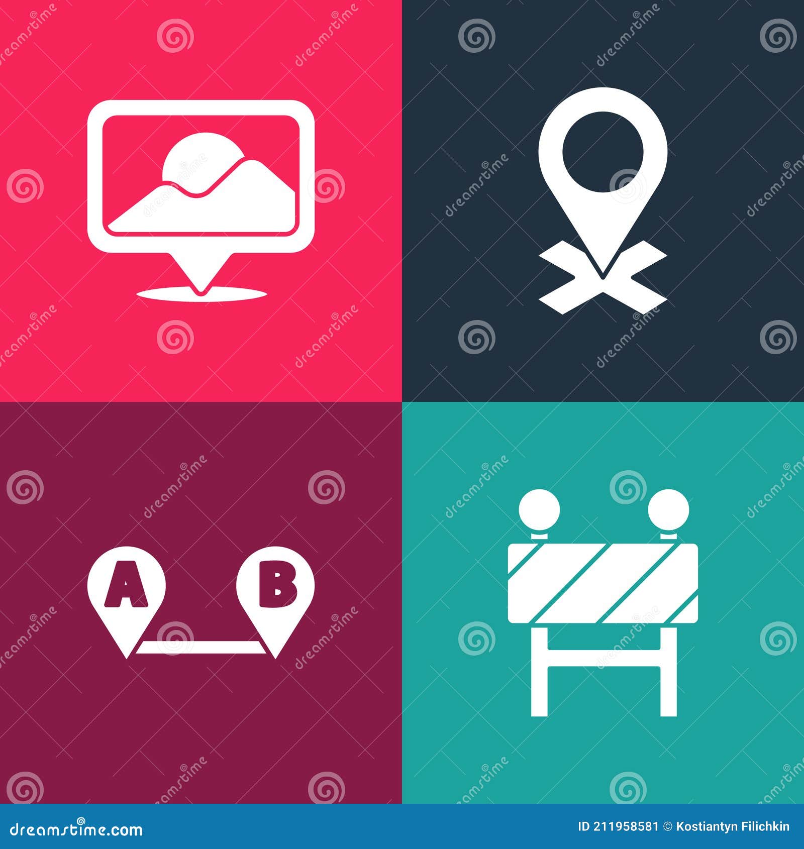 Set Pop Art Road Barrier, Route Location, Location and Icon. Vector ...