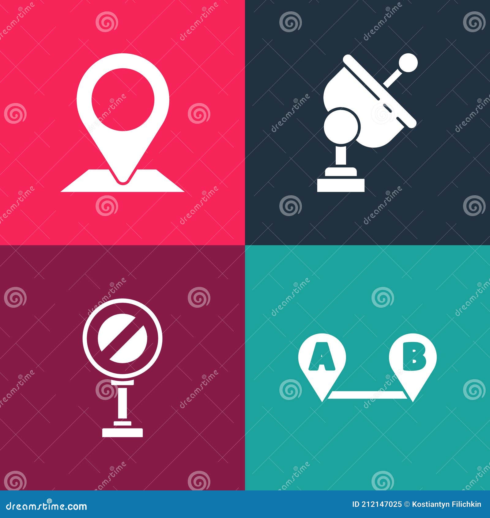 Set Pop Art Route Location, Stop Sign, Radar And Location Icon. Vector ...