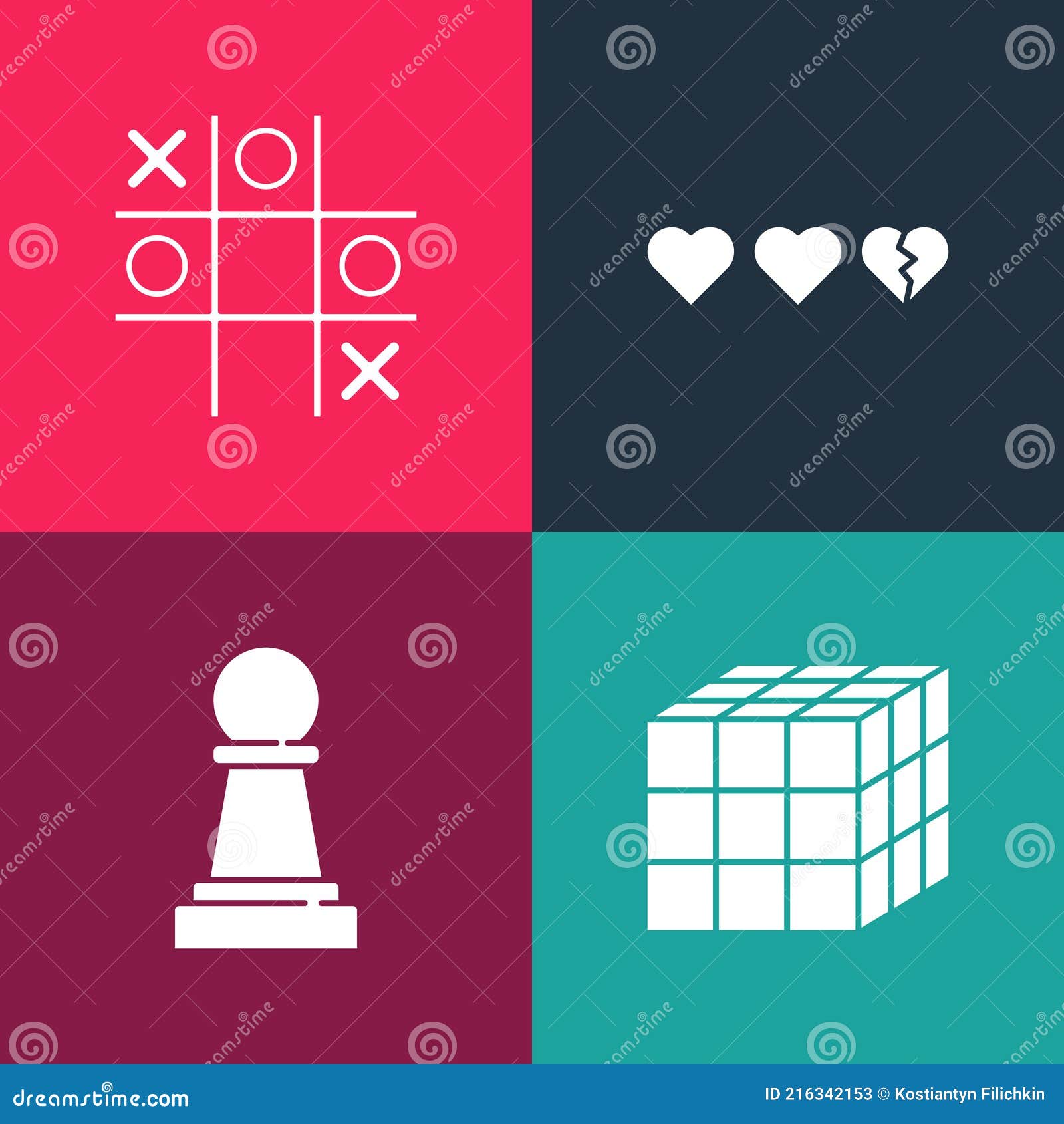Set Pop Art Rubik Cube, Chess, Hearts for Game and Tic Tac Toe Icon ...