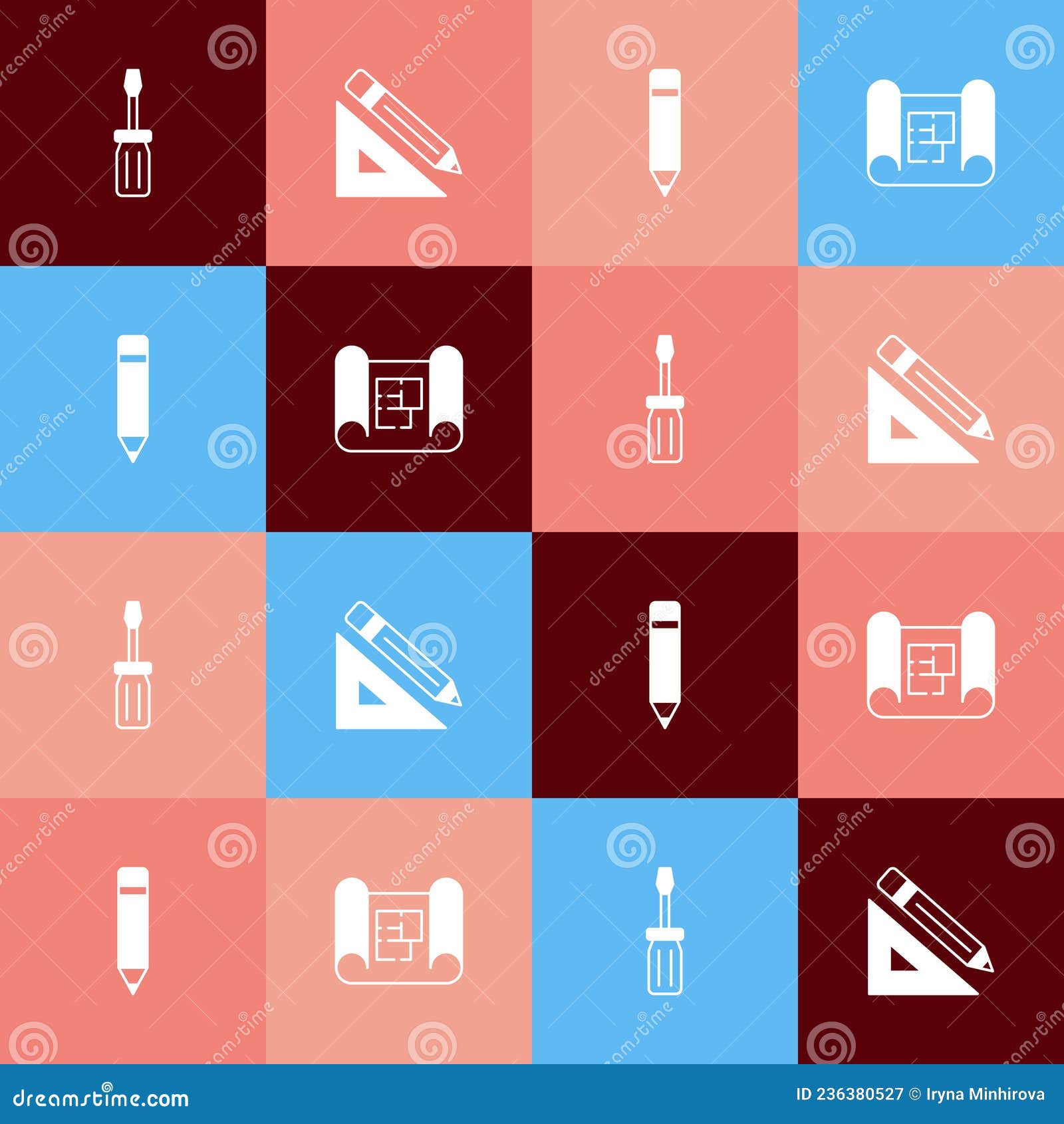 Set Pop Art Screwdriver, Triangular Ruler and Pencil, Pencil with ...