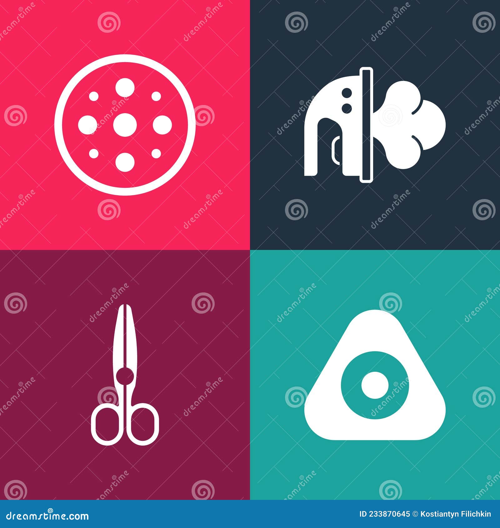 Set Pop Art Sewing Chalk, Scissors, Electric Iron and Button Icon ...