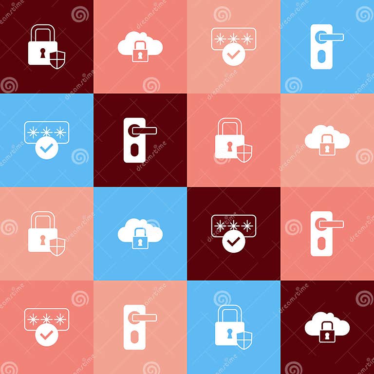 Set Pop Art Shield Security with Lock, Cloud Computing, Password Protection and Fingerprint Door ...